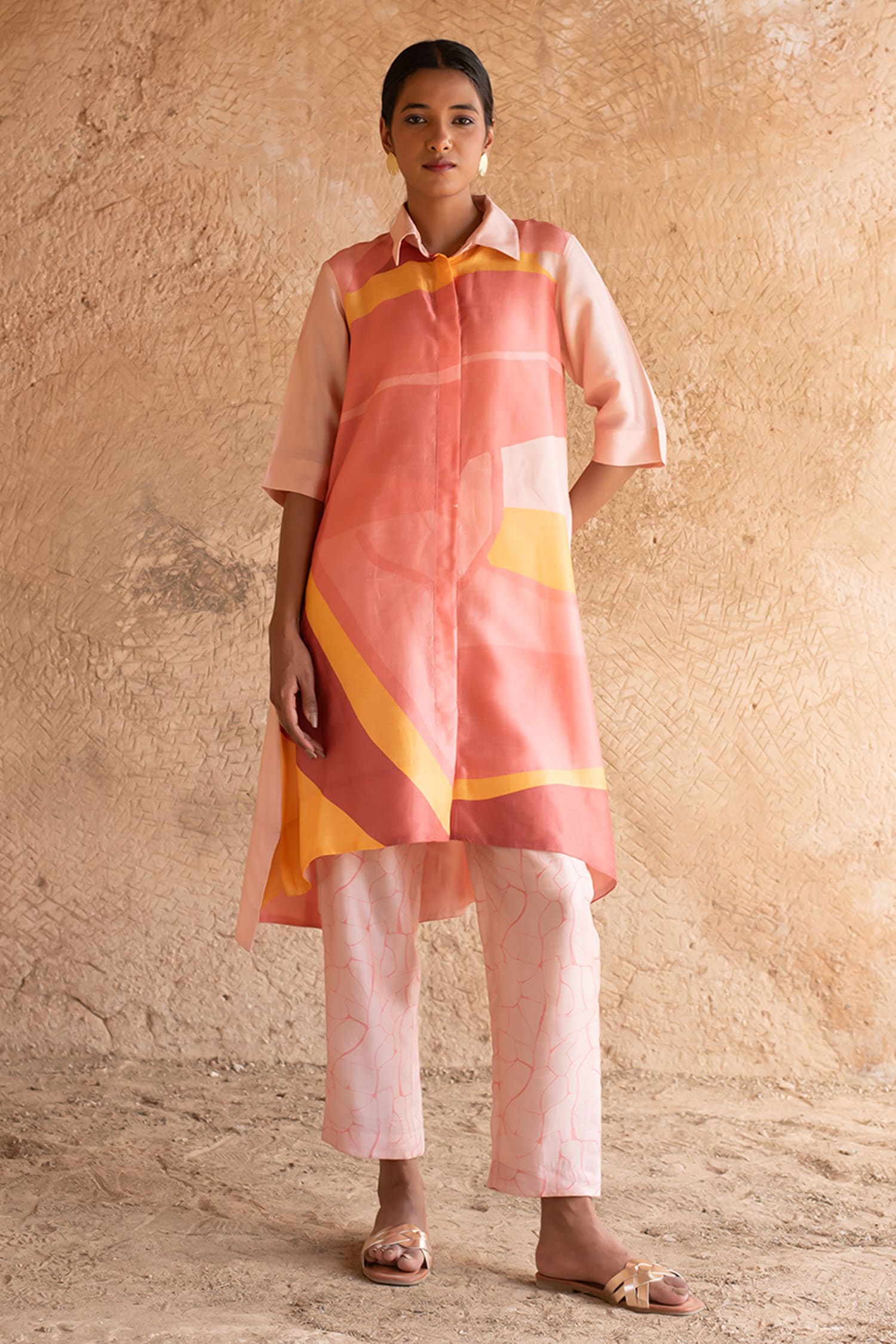 Buy Peach Dupion Silk Printed Abstract Collared Tunic Kurta With Pant ...