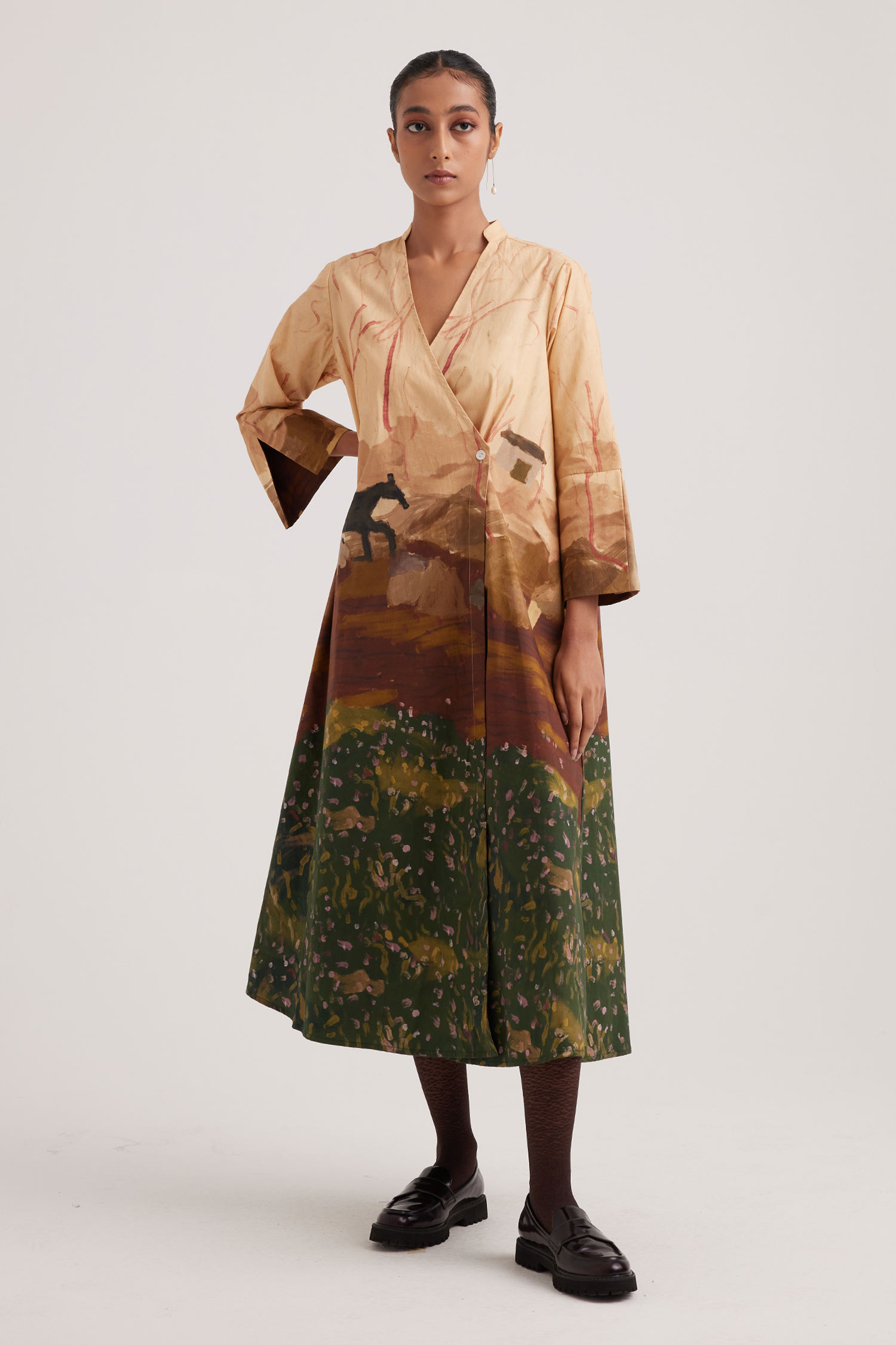 Buy Brown Cotton Satin Printed Plateau V Neck Earth Dress For Women by ...