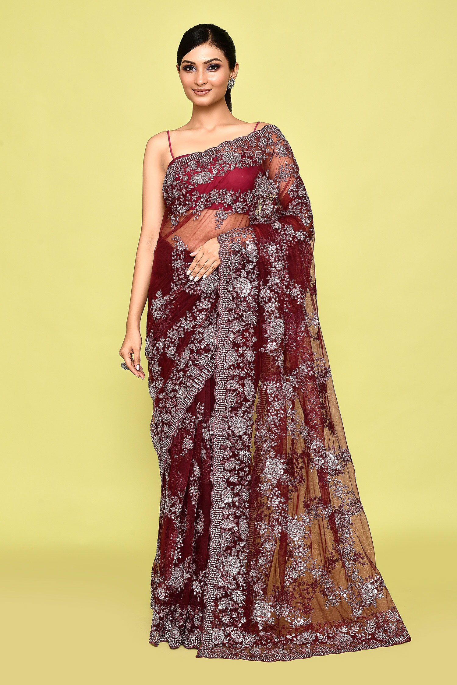 Buy Maroon Net Embroidered Floral Saree With Running Blouse For Women ...