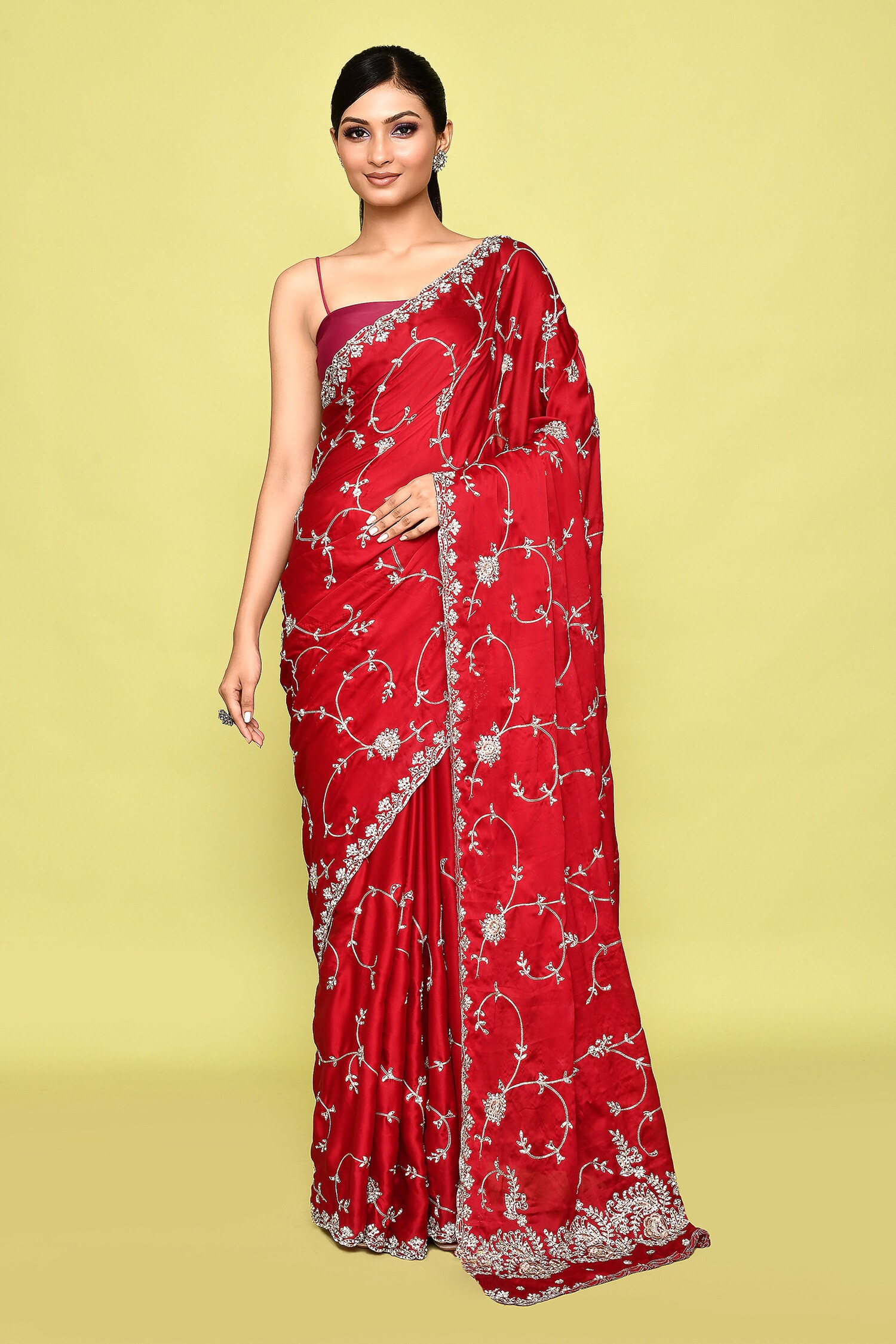 Buy Red Satin Silk Embroidered Floral Jaal Zari Saree With Running Blouse For Women by Nazaakat ...