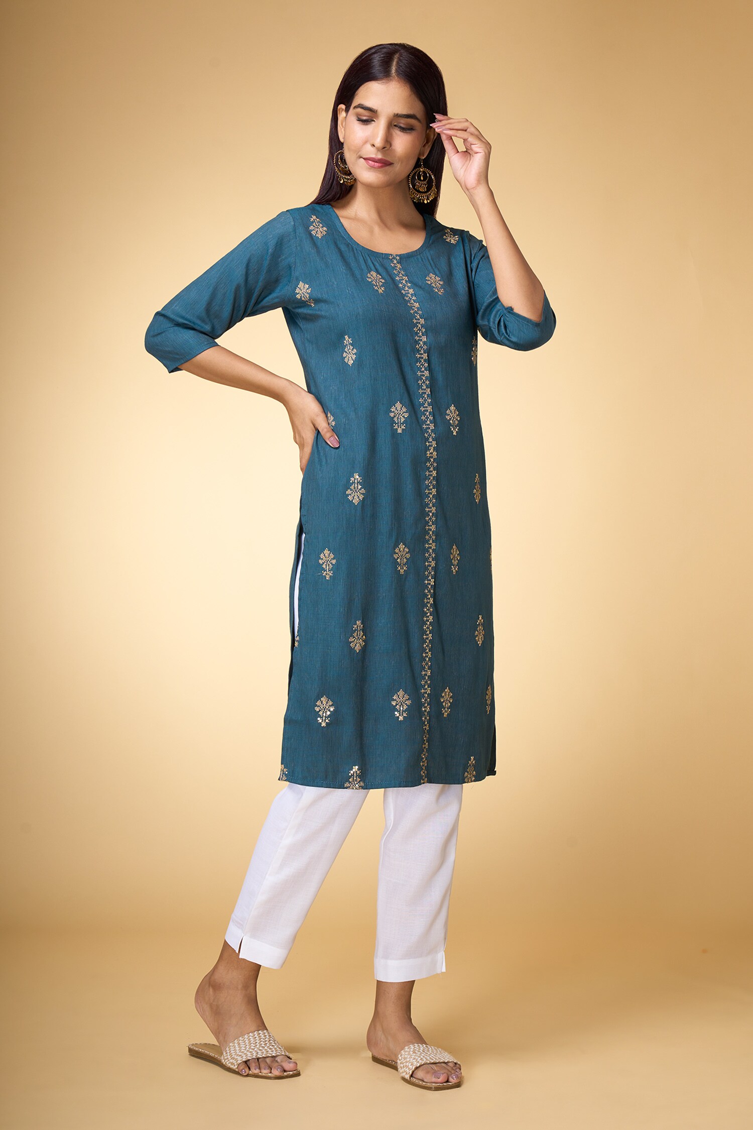Buy Blue Rayon Embroidery Floral Butti Round Neck Tunic For Women by ...