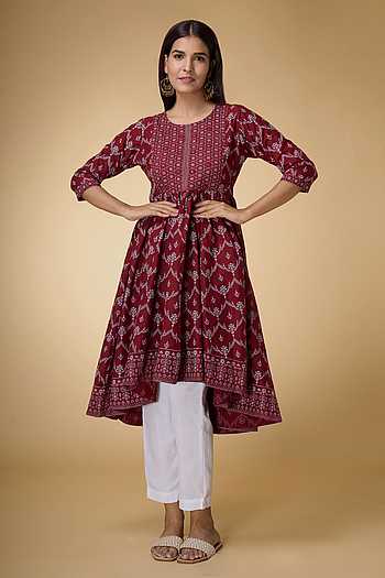 Buy Maroon Cotton Embroidered Motif Round Anarkali Tunic For Women by ...