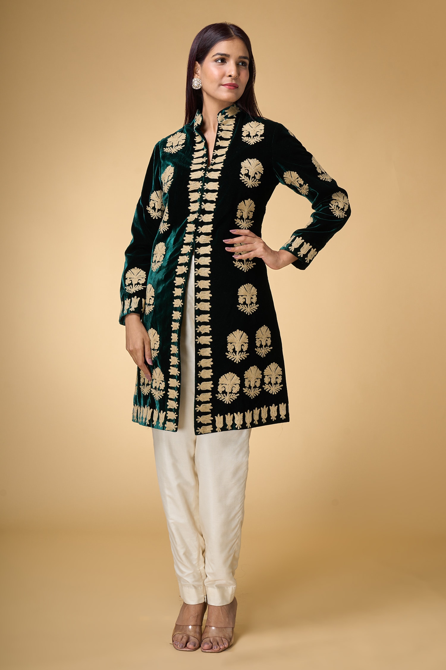 Buy Green Velvet Embroidered Wool Thread Collared V Jacket For Women by ...