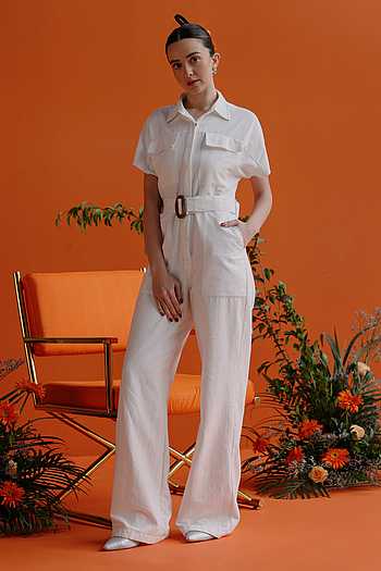 Buy White Handloom Cotton Plain Collar Easter Jumpsuit With Belt For ...