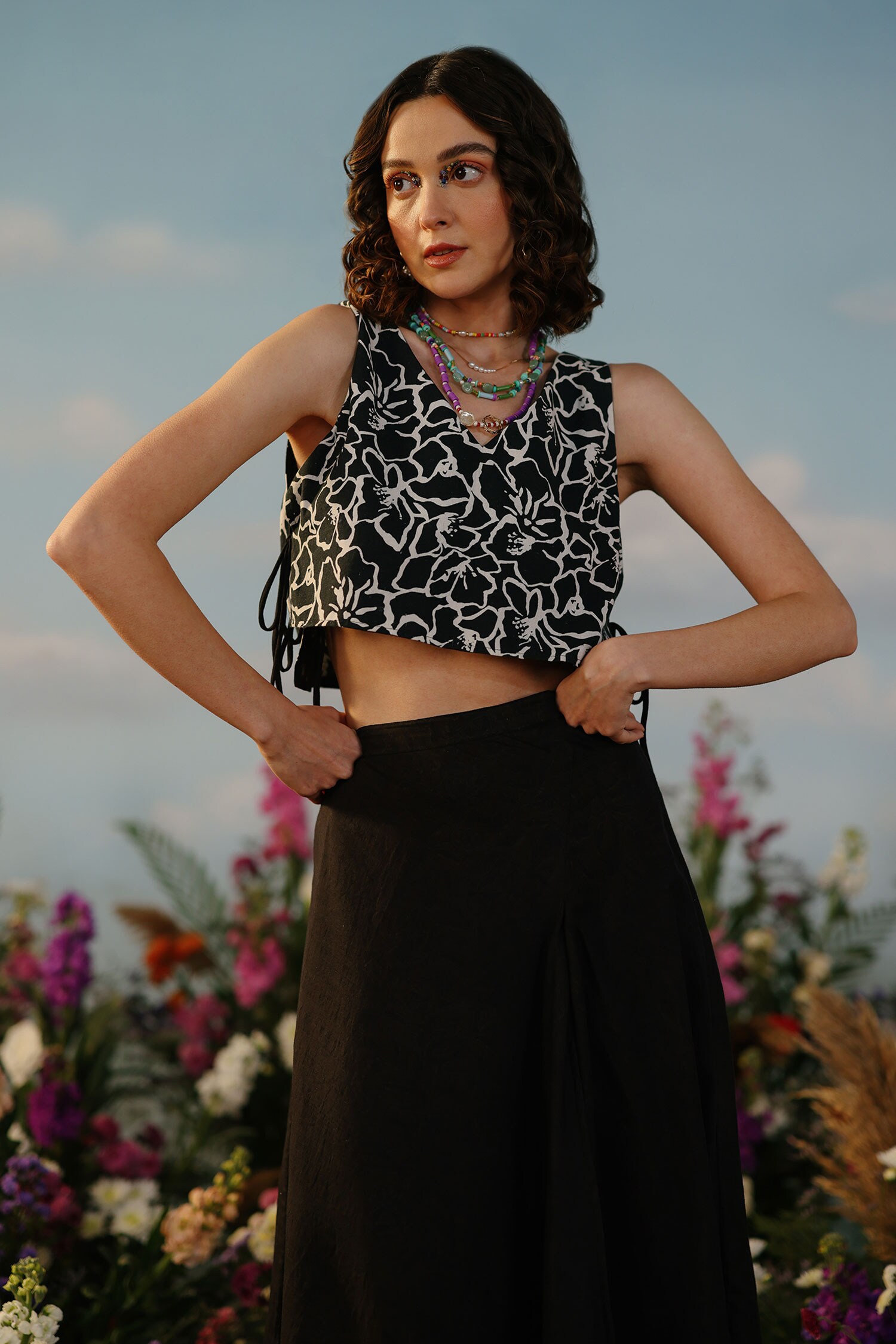 Buy Black Handloom Cotton Print Rose V Neck Side Tie Up Crop Top For ...