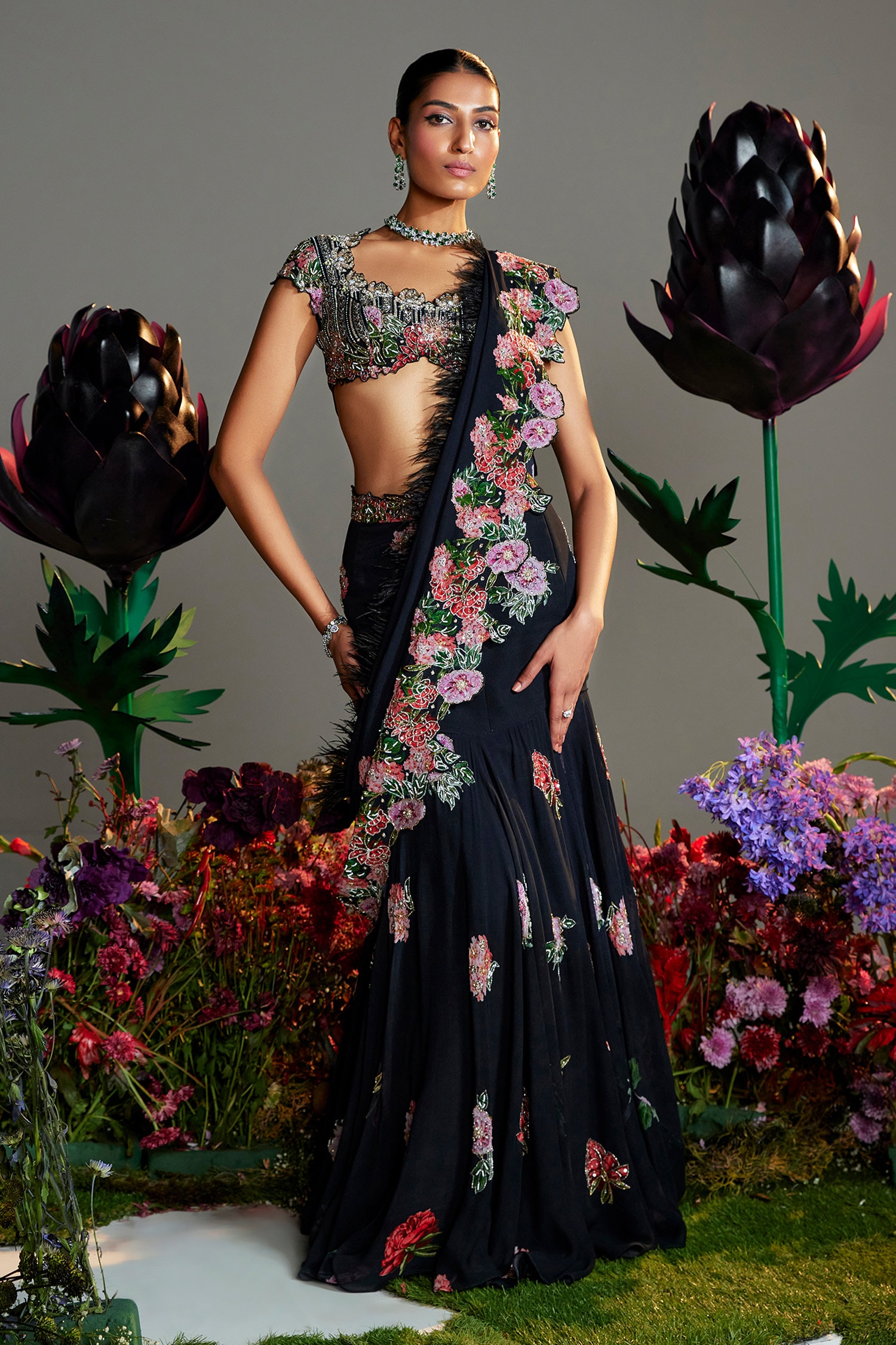Buy Black Viscose Georgette Hand Embroidered Phool Bhag Pre-draped ...