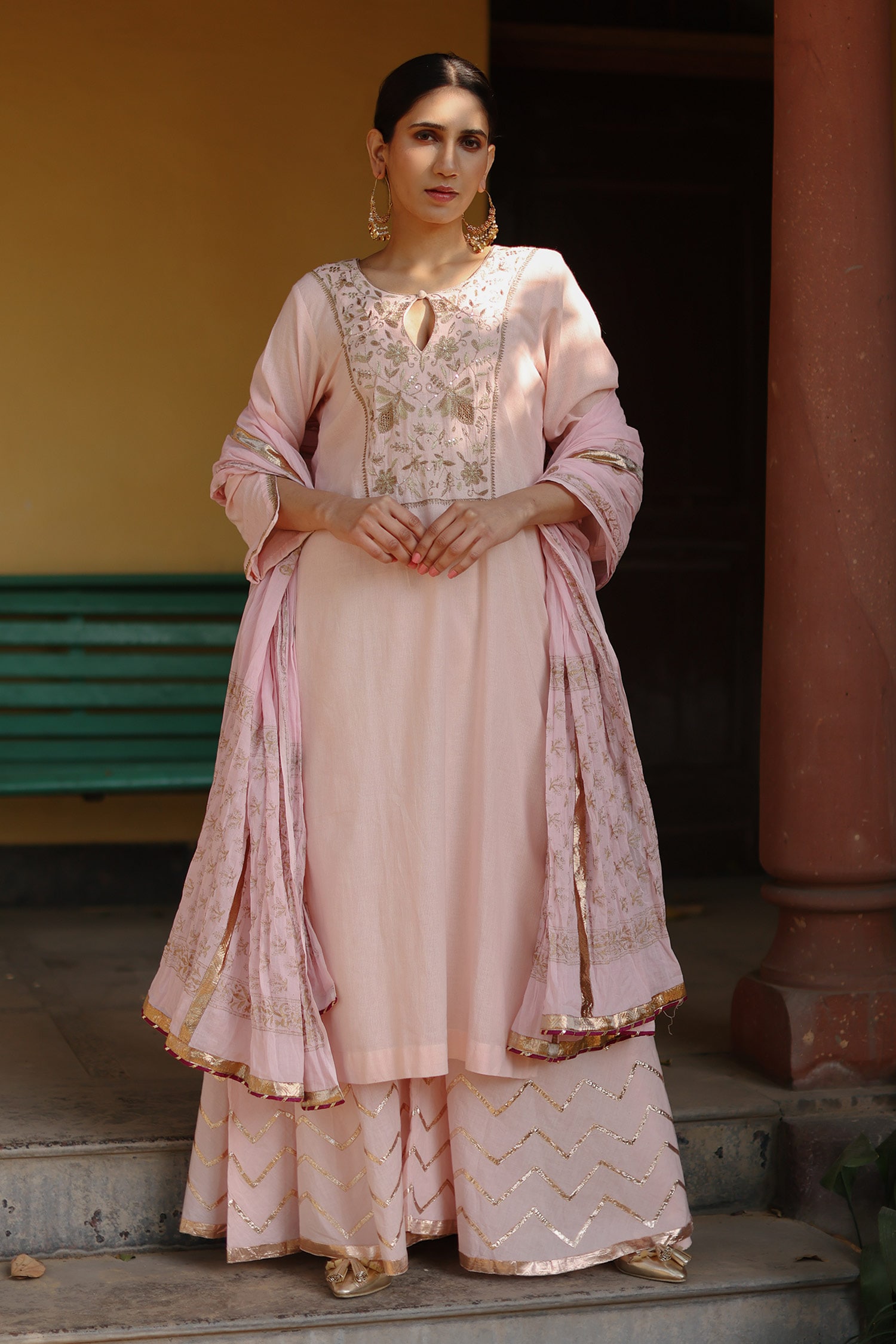 Buy Pink Cotton Embroidery Zari Keyhole Neck Flower Kurta Gharara Set For Women by Nazar by Indu ...
