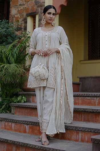 Buy White Cotton Embroidered Gota Round Short Kurta Salwar Set For ...