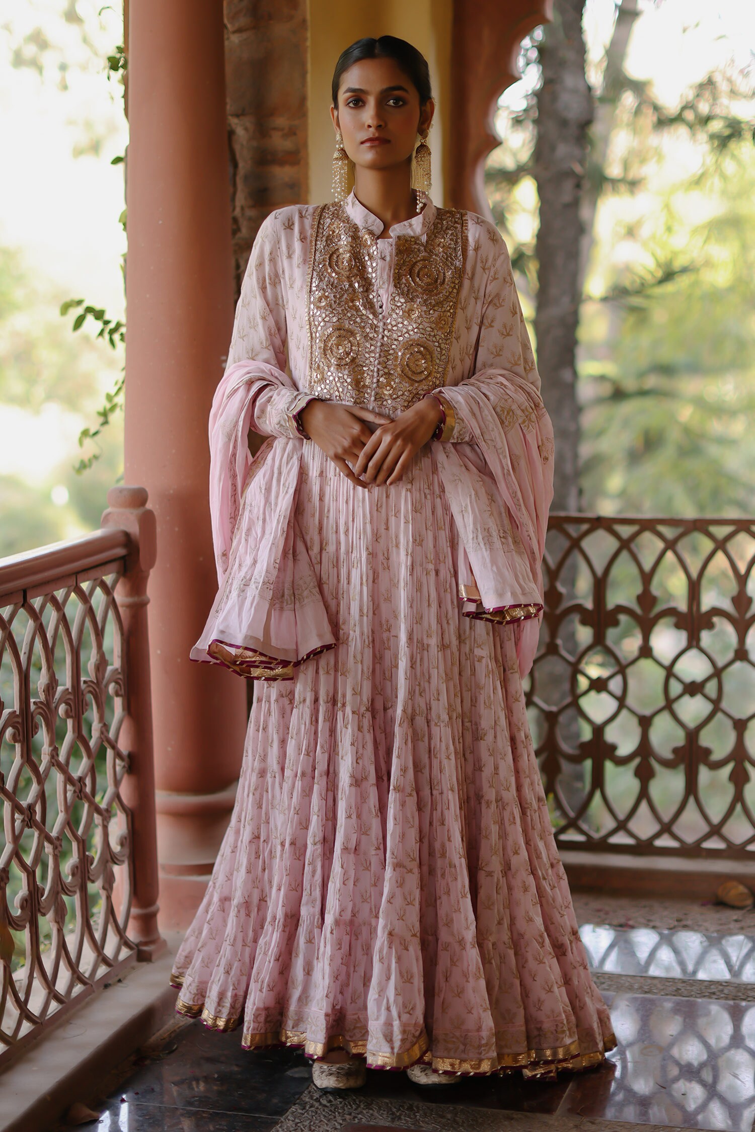 Buy Pink Cotton Hand Embroidered Gotta Collar Block Print Anarkali Set ...
