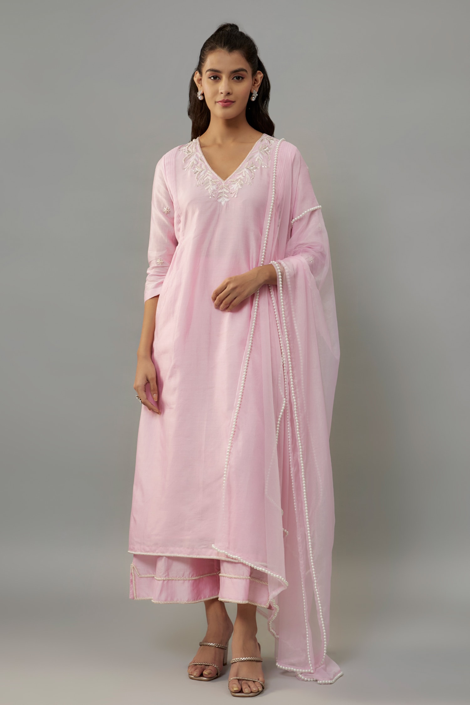 Buy Pink Handwoven Chanderi Hand Embroidered Pearls V Neck Kurta ...