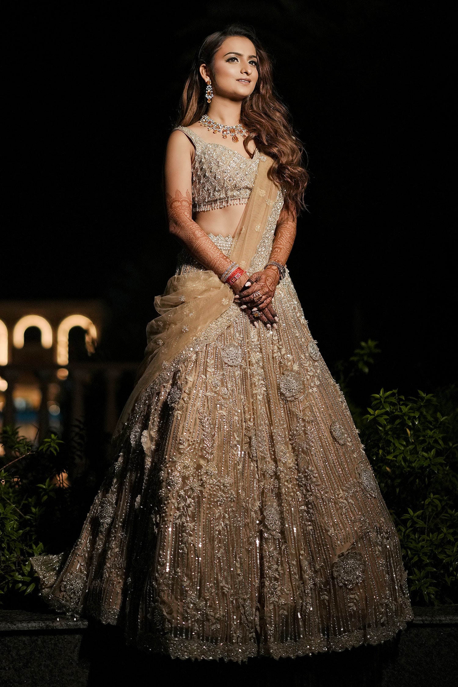 Buy Gold Net Hand Embroidery Sequins V Neck 3d Floral Lehenga Set For