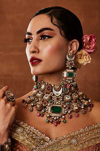 Buy Multi Color Polki Quinn Stone Studded Bridal Jewellery Set by ...