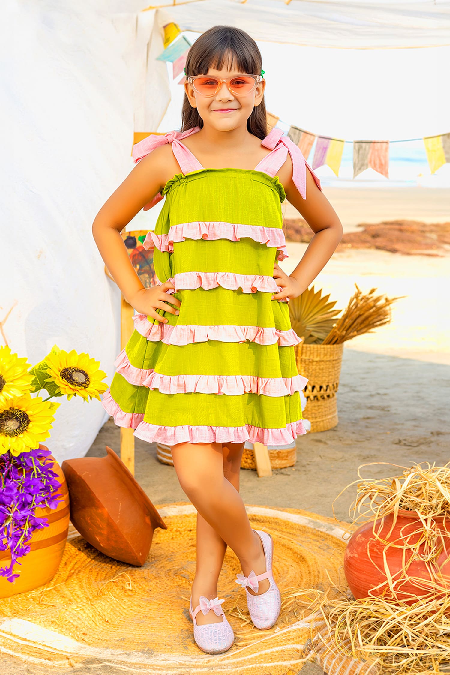 Buy Green Cotton Solid Contrast Ruffled Flared Dress For Girls by ...