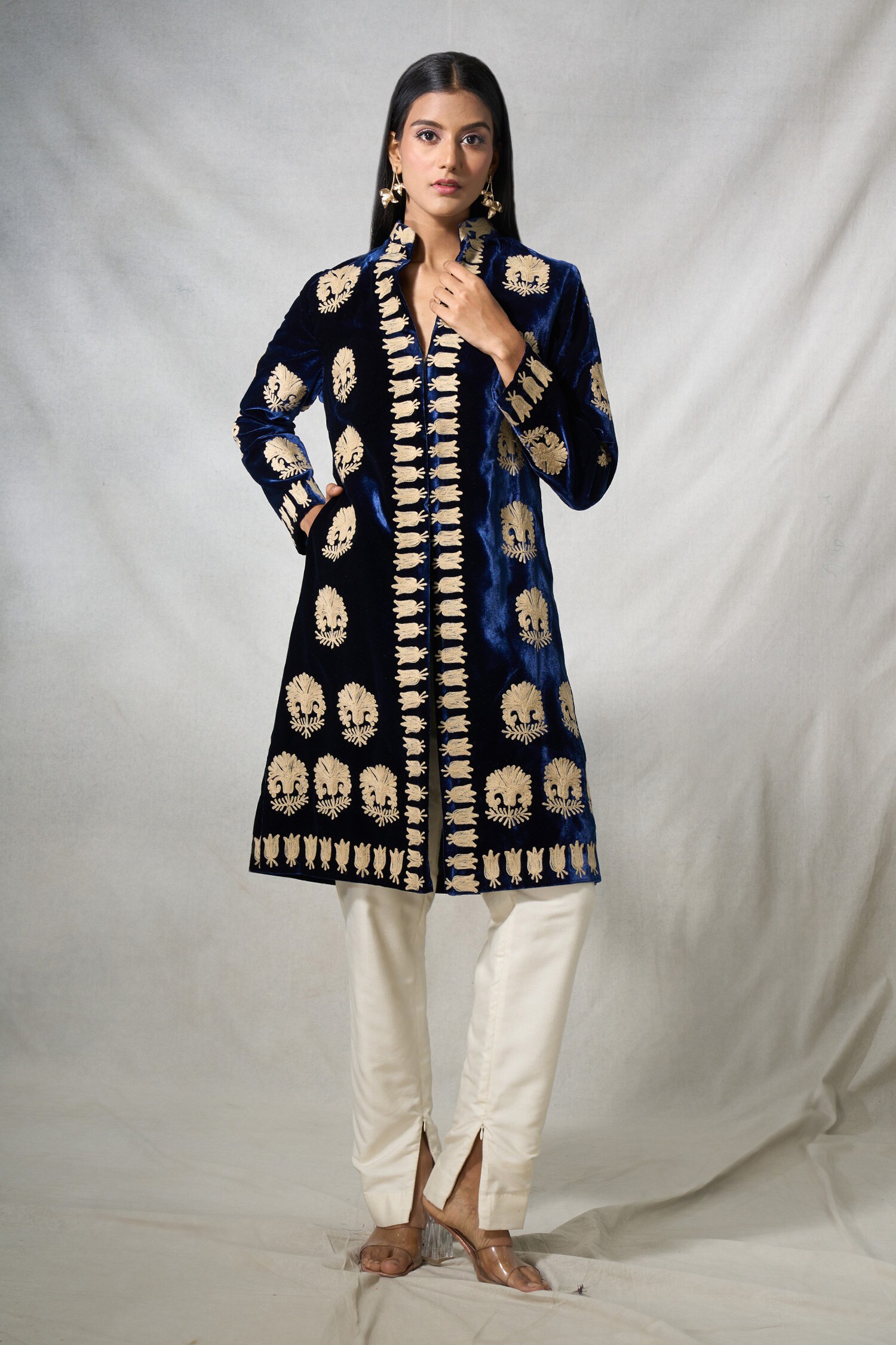 Buy Blue Velvet Embroidered Wool Thread Collared V Jacket For Women by ...