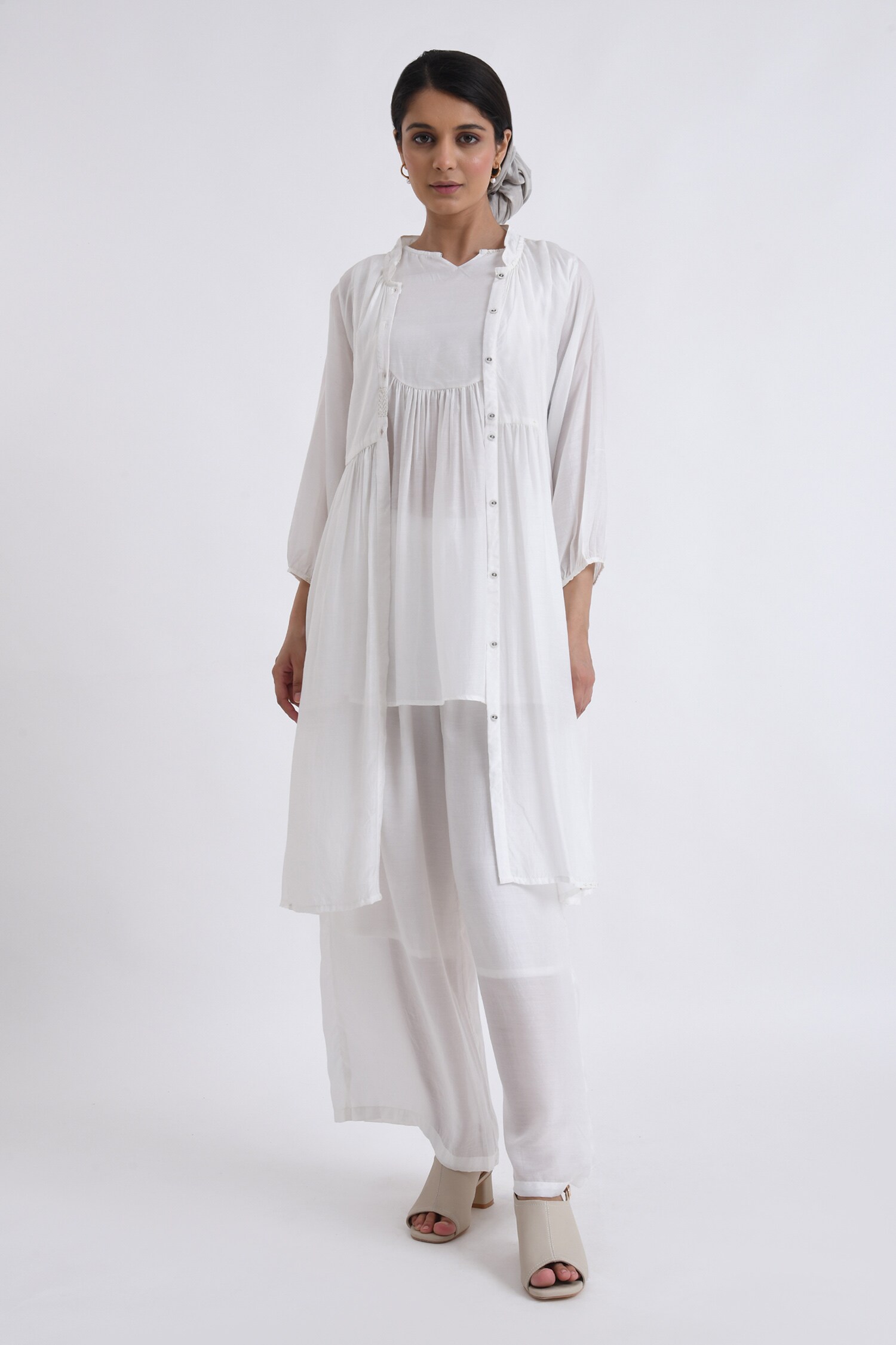 Buy White Cotton Print Block Gathered Yoke Long With Sleeveless Flared ...