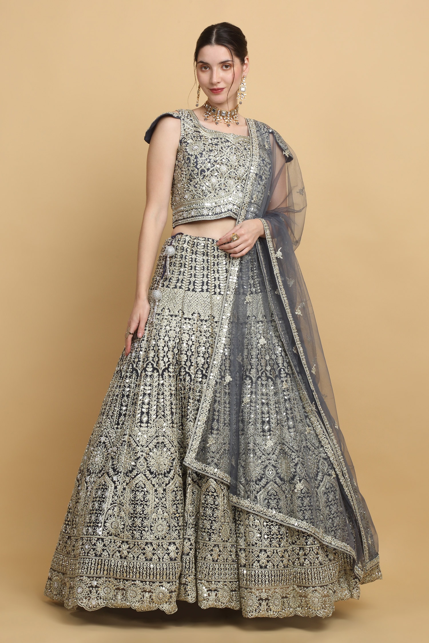 Buy Blue Net Embroidered Zari U-neck Rajwada Floral Lehenga Set For ...