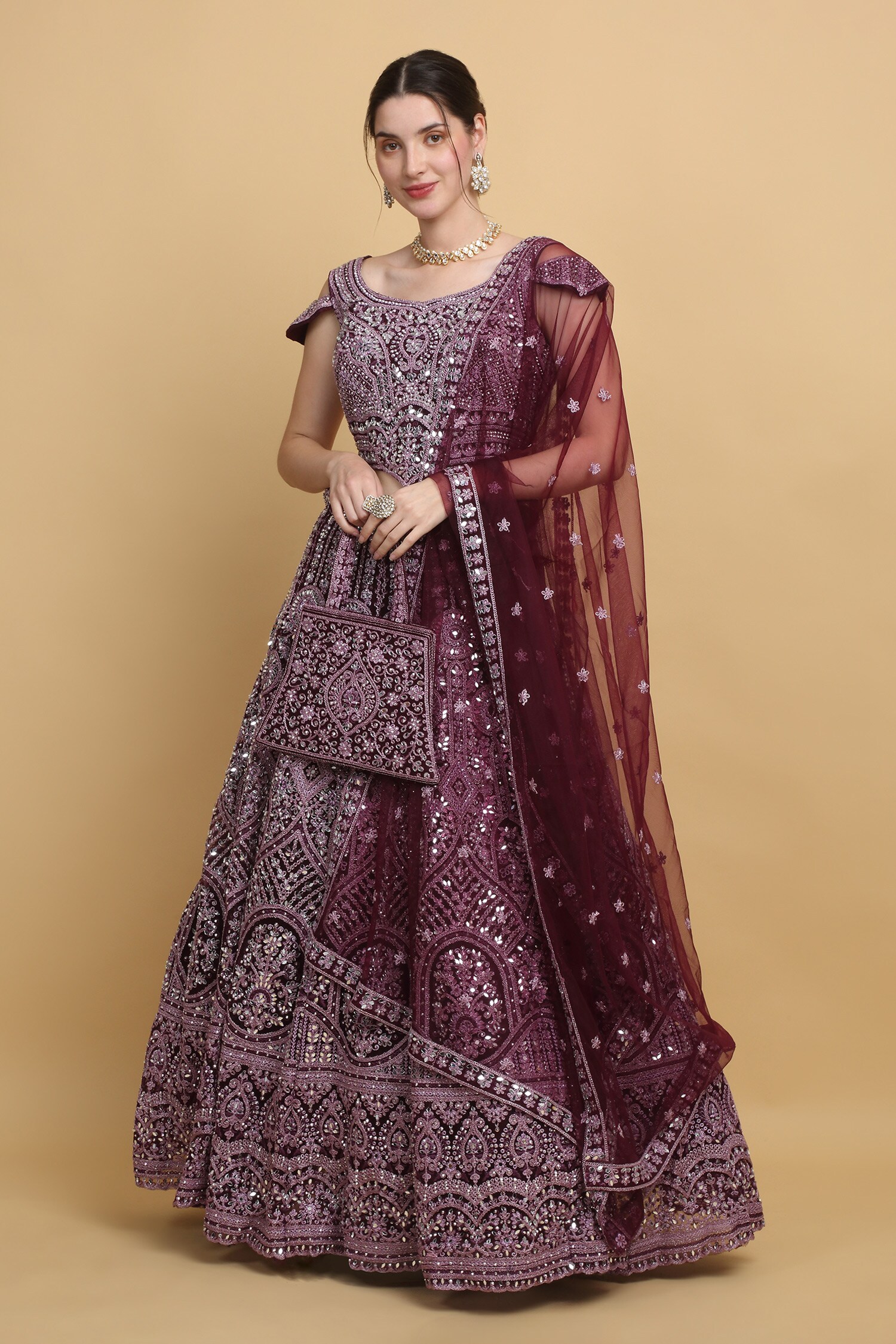 Buy Purple Net Embroidered Thread Round Khushnuma Mirror Embellished ...