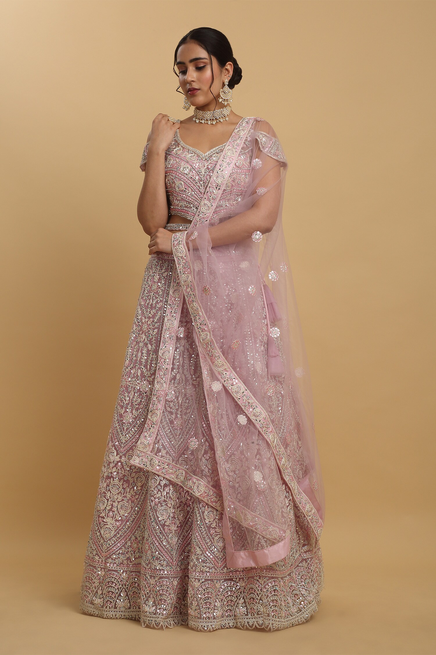 Buy Pink Net Embroidered Floral Leaf Divya Lehenga Set For Women by ...