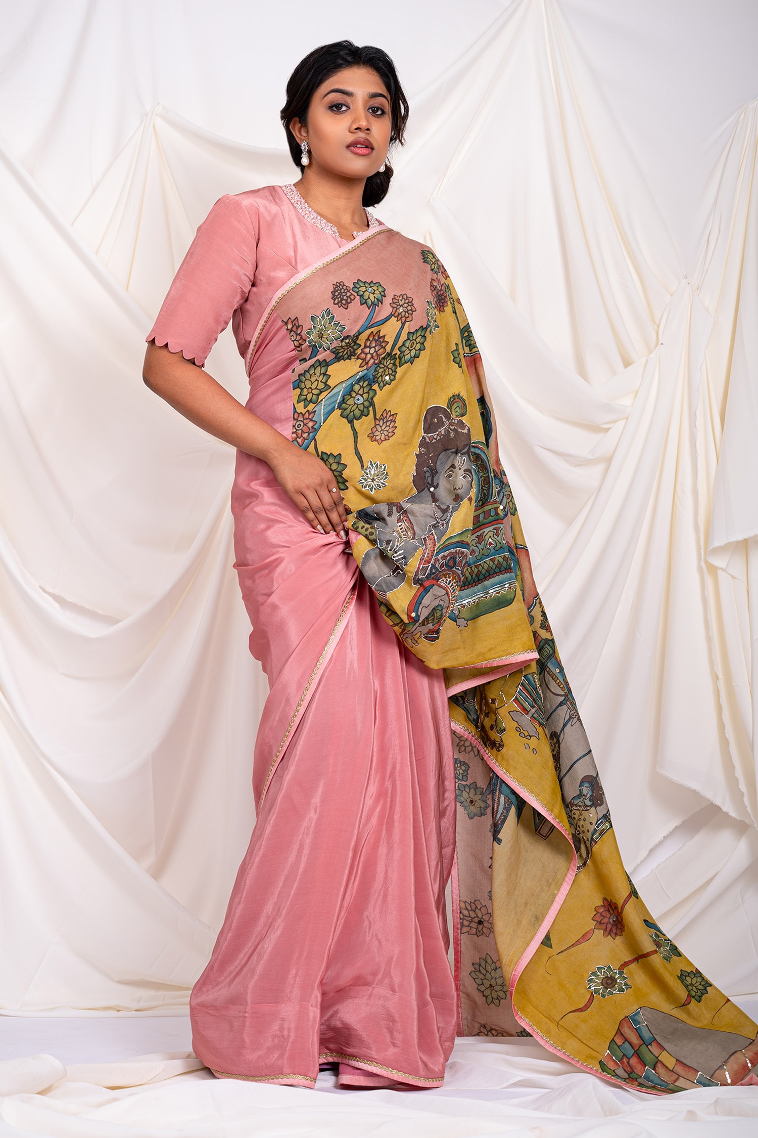 Buy Peach Crepe Hand Yashoda And Lord Krishna Saree With Unstitched Blouse Piece For Women by ...
