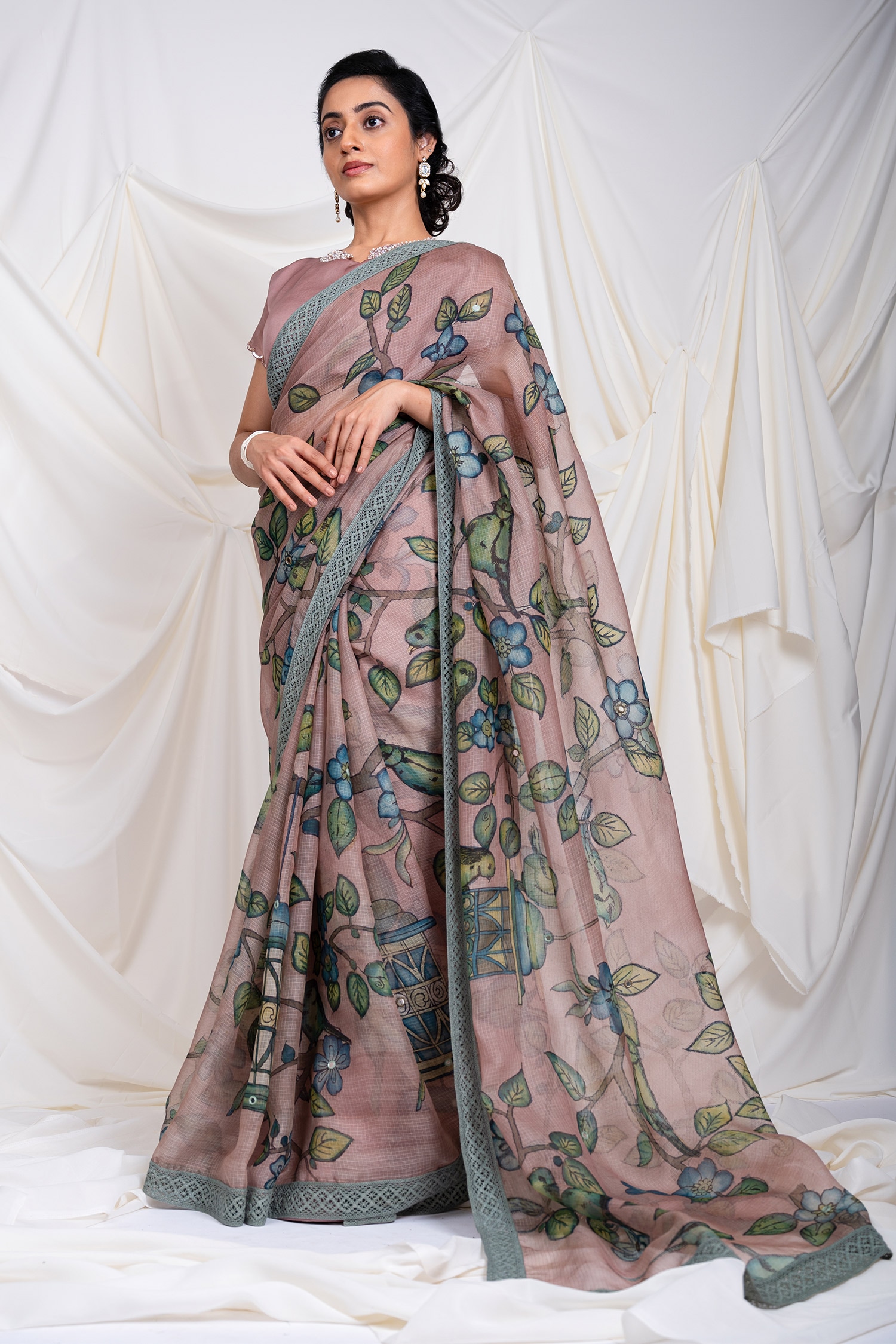 Buy Pink Kota Flower And Bird Kalamkari Pattern Saree With Unstitched ...