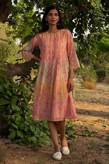 Buy Peach Mul Cotton Silk Printed Orchid Floral Round Canary Dress For ...