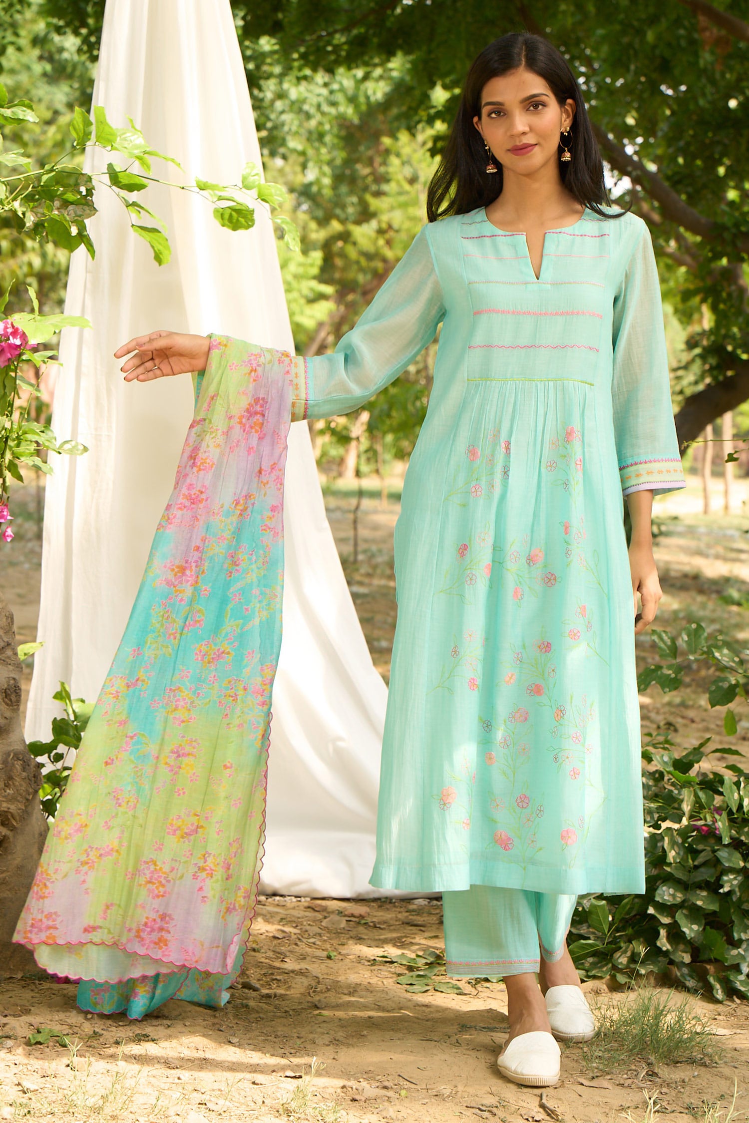 Buy Blue Mul Cotton Silk Printed Floral Notched Papiha Embroidered ...