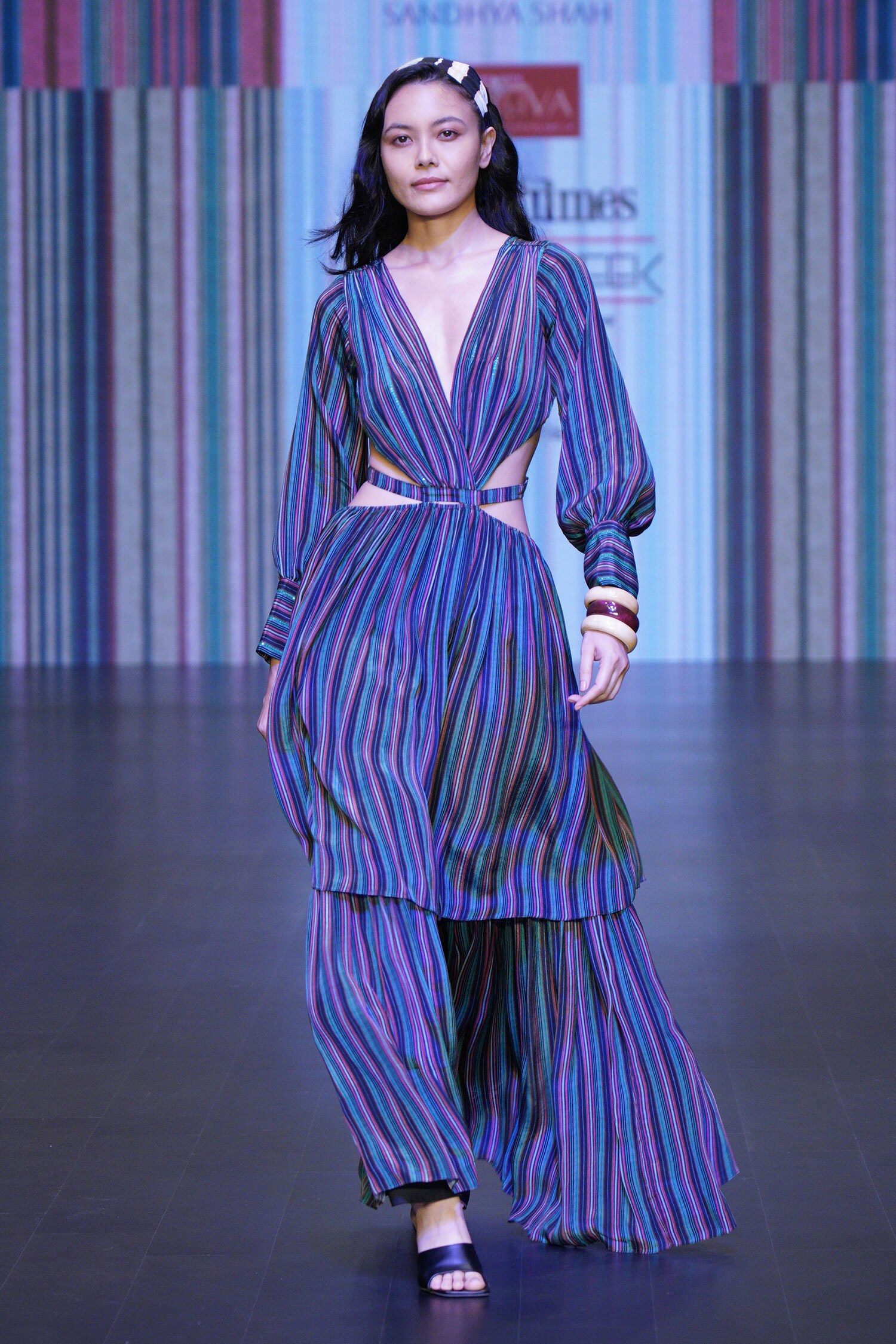 Buy Black Crepe Printed Stripe Plunge V-neck Athena Cut-out Dress For ...