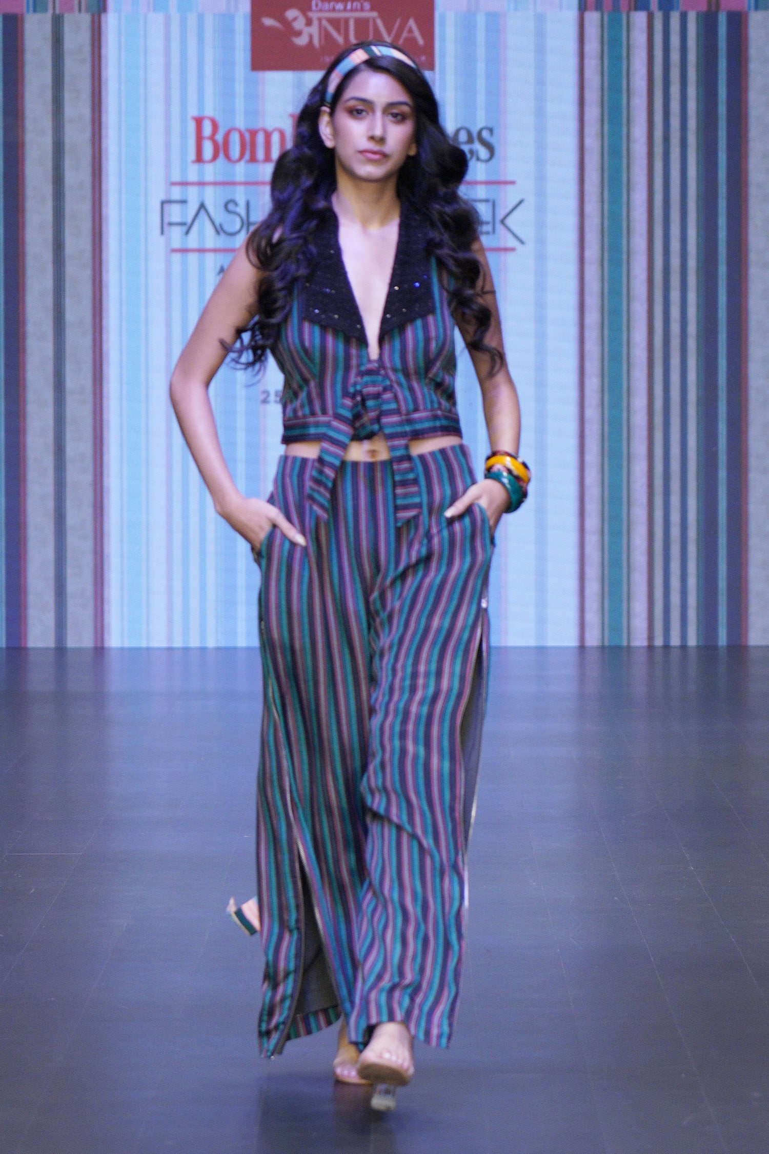 Buy Black Crepe Print Stripe Lapel Collar Aniceta Crop Top With Flared ...