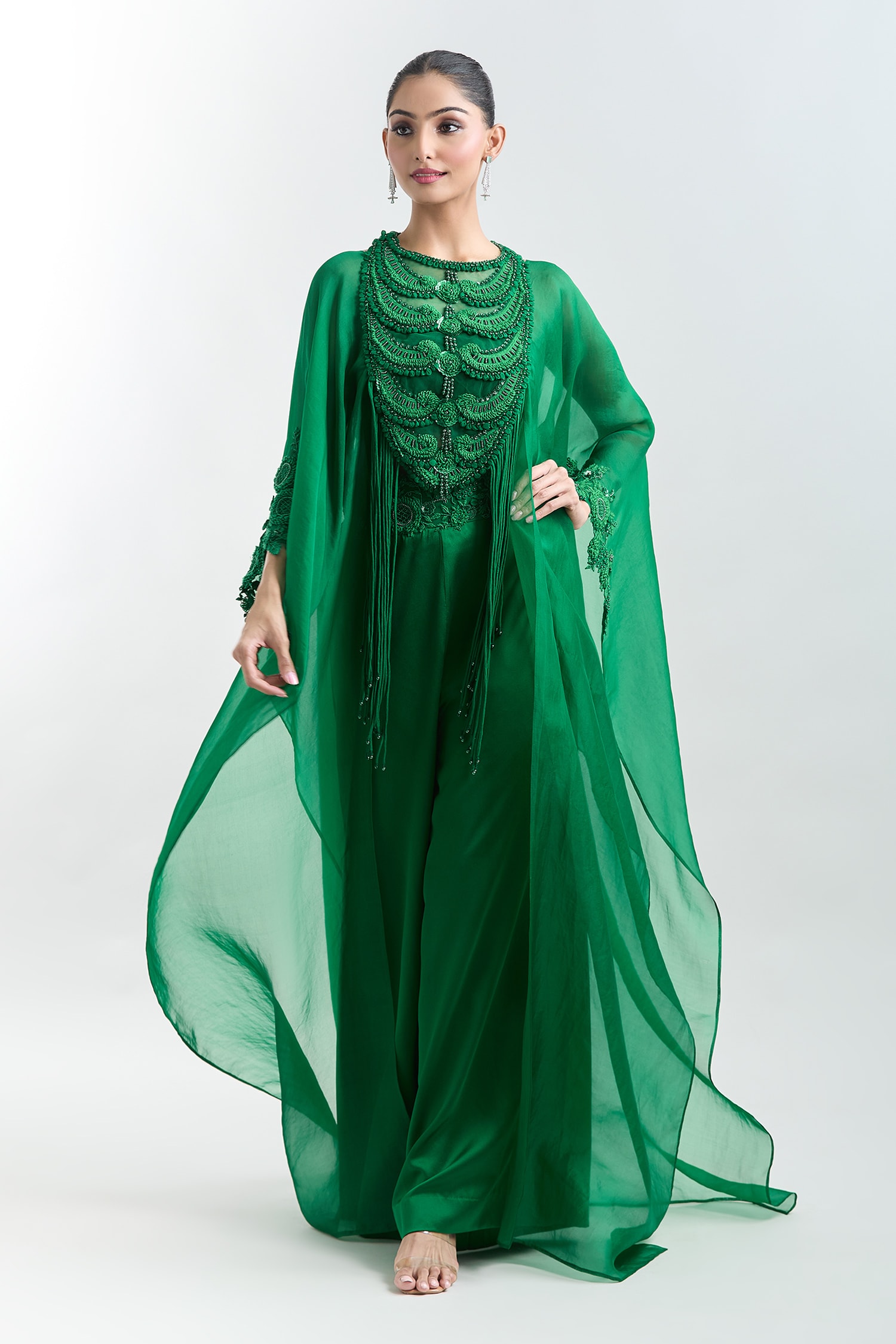 Buy Green Embroidered Round Cape Top And Pant Set For Women by Anamika ...