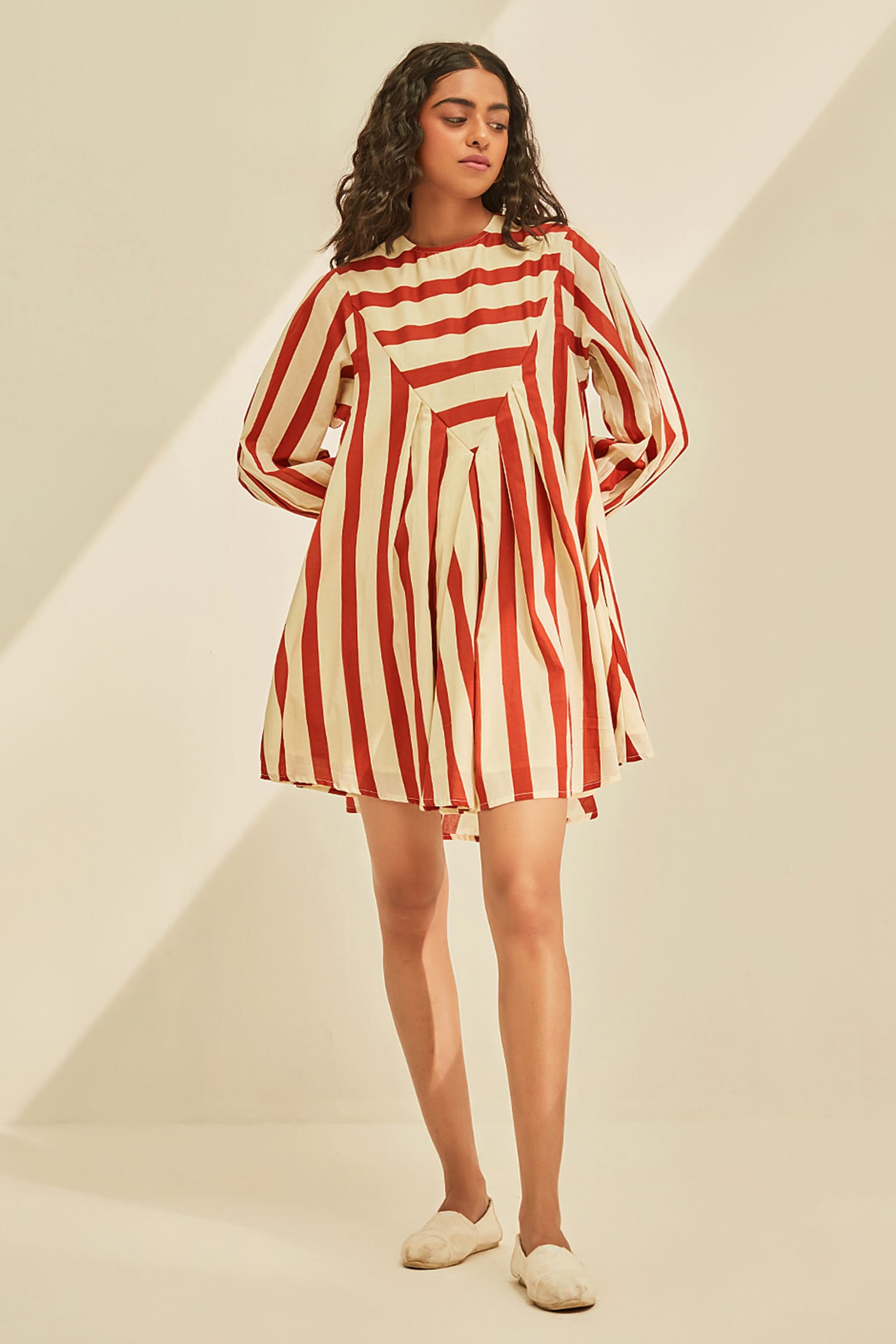 Buy Off White Cotton Mul Printed Stripe Round Neck Emu Dress For Women ...