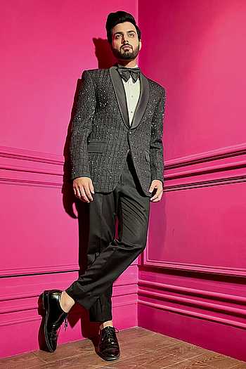 Buy Black Tuxedo And Trouser Poly Viscose Embellished Bead Checkered ...