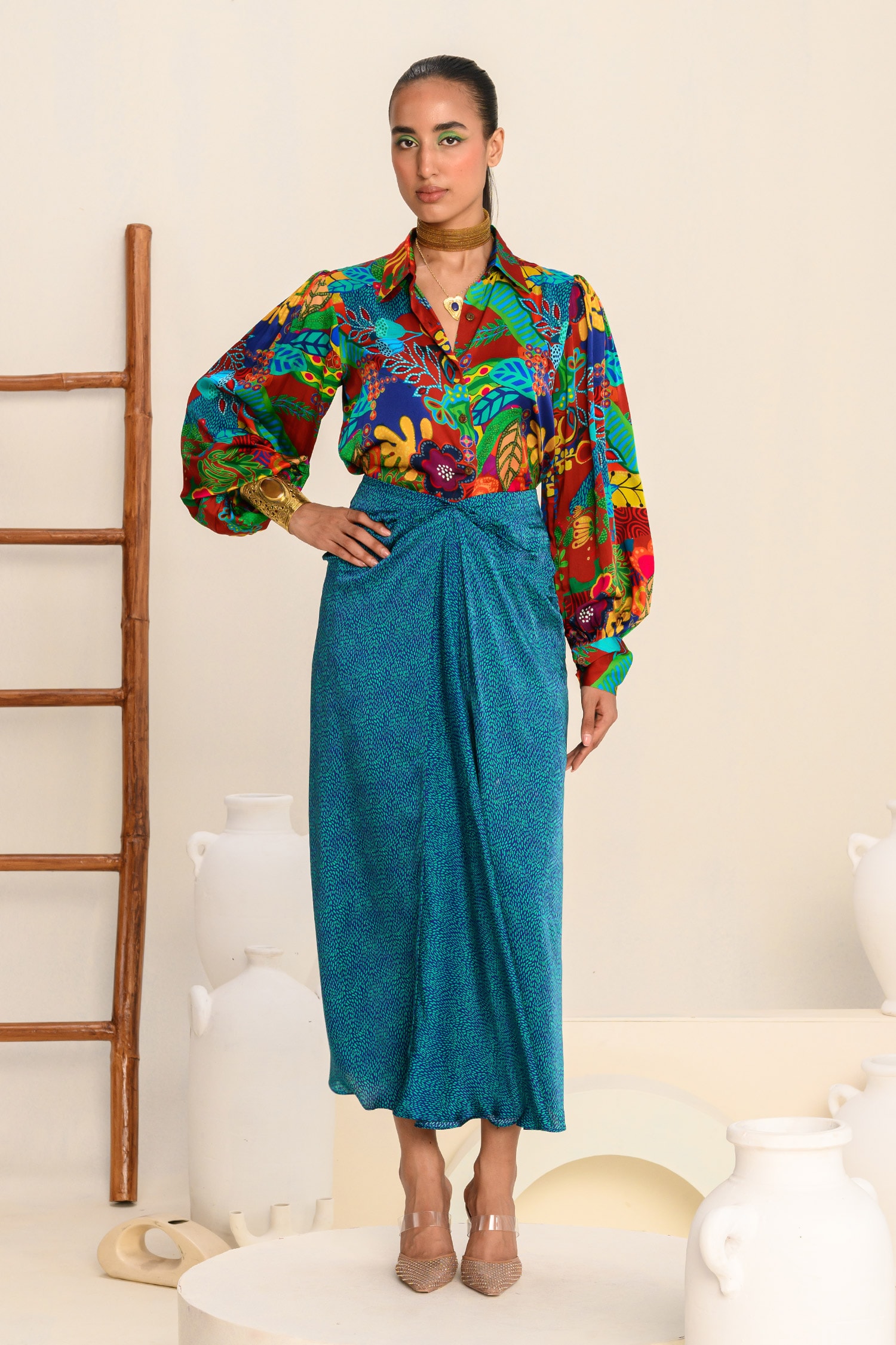 Buy Multi Color Silk Satin Printed Floral Collar Shirt And Skirt Set ...