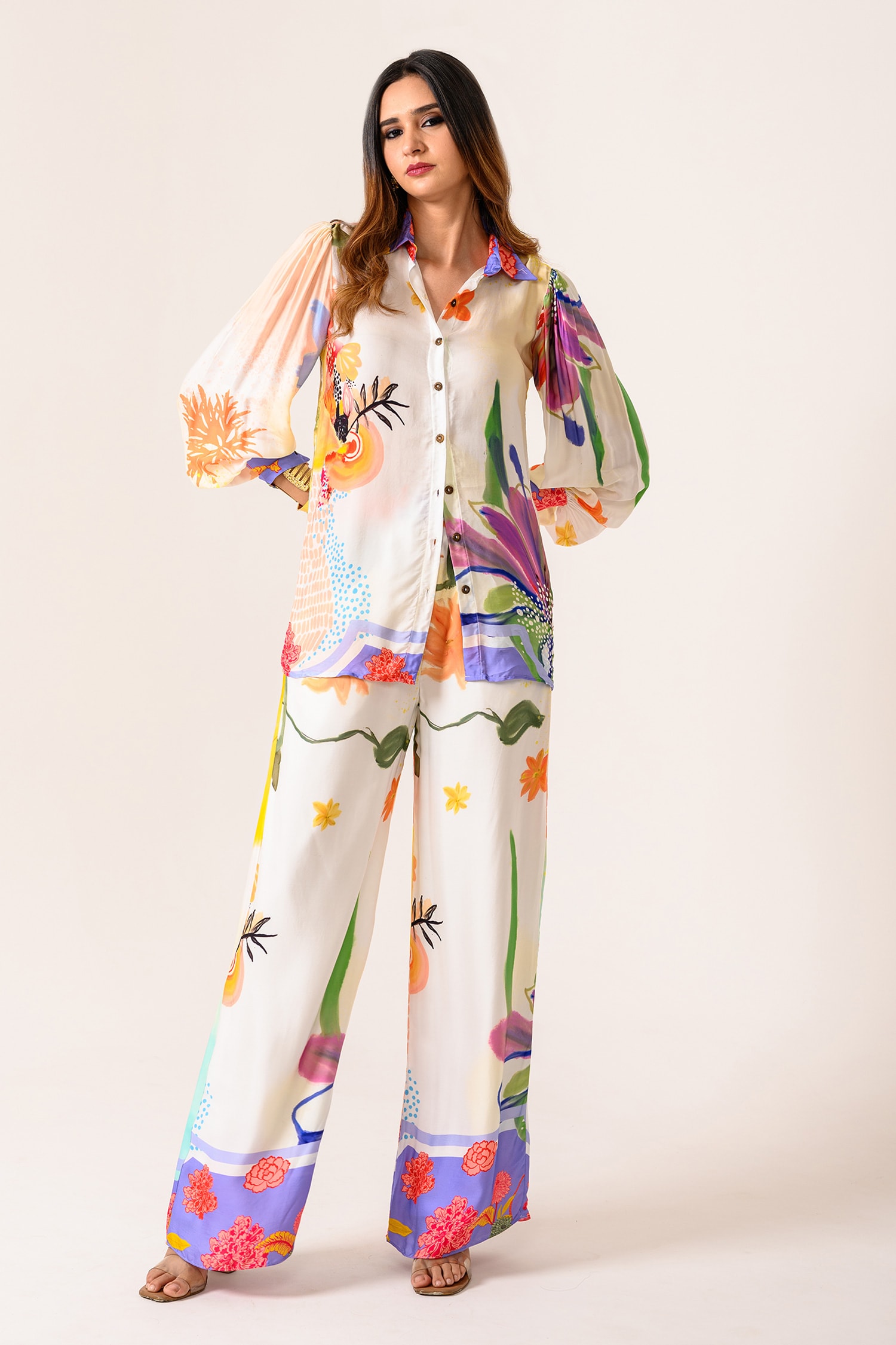 Buy Multi Color Silk Satin Printed Floral Collared Shirt And Pant Co ...