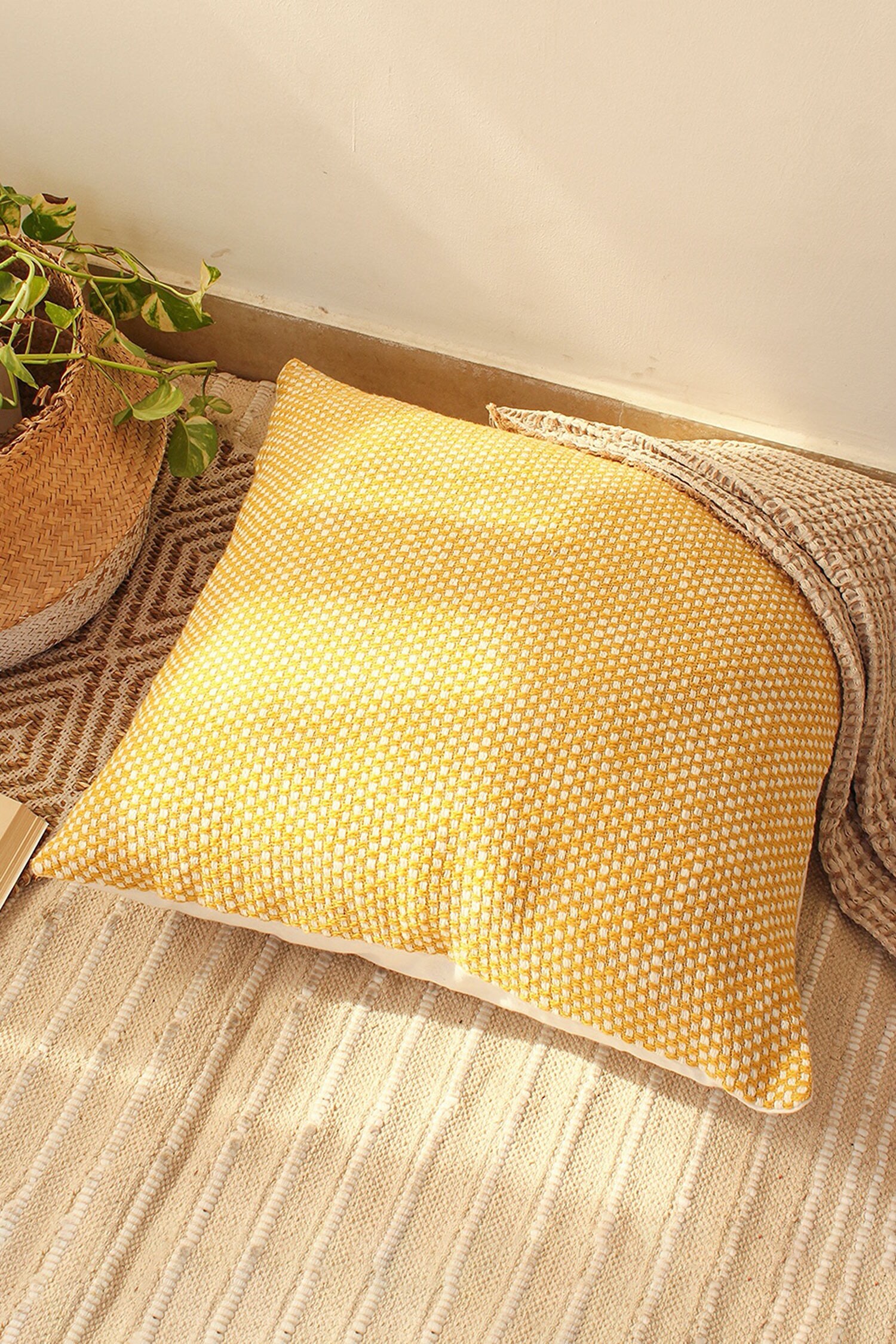 Buy Yellow 100% Cotton Plain Vindhya Square Shaped Cushion Covers - Set ...