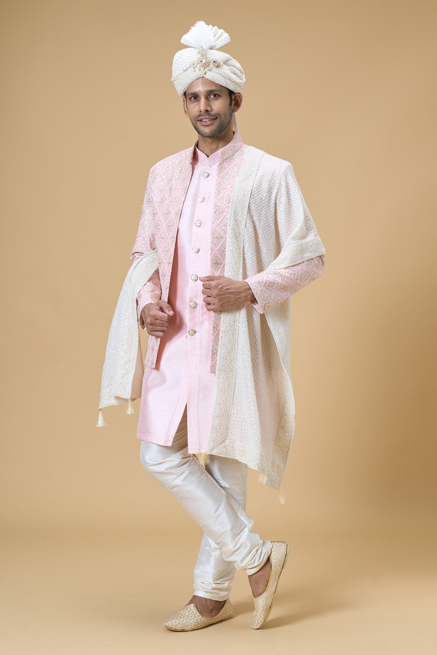 Buy Off White Sequin Thread Embroidered Dupatta And Safa Set For Men by ...
