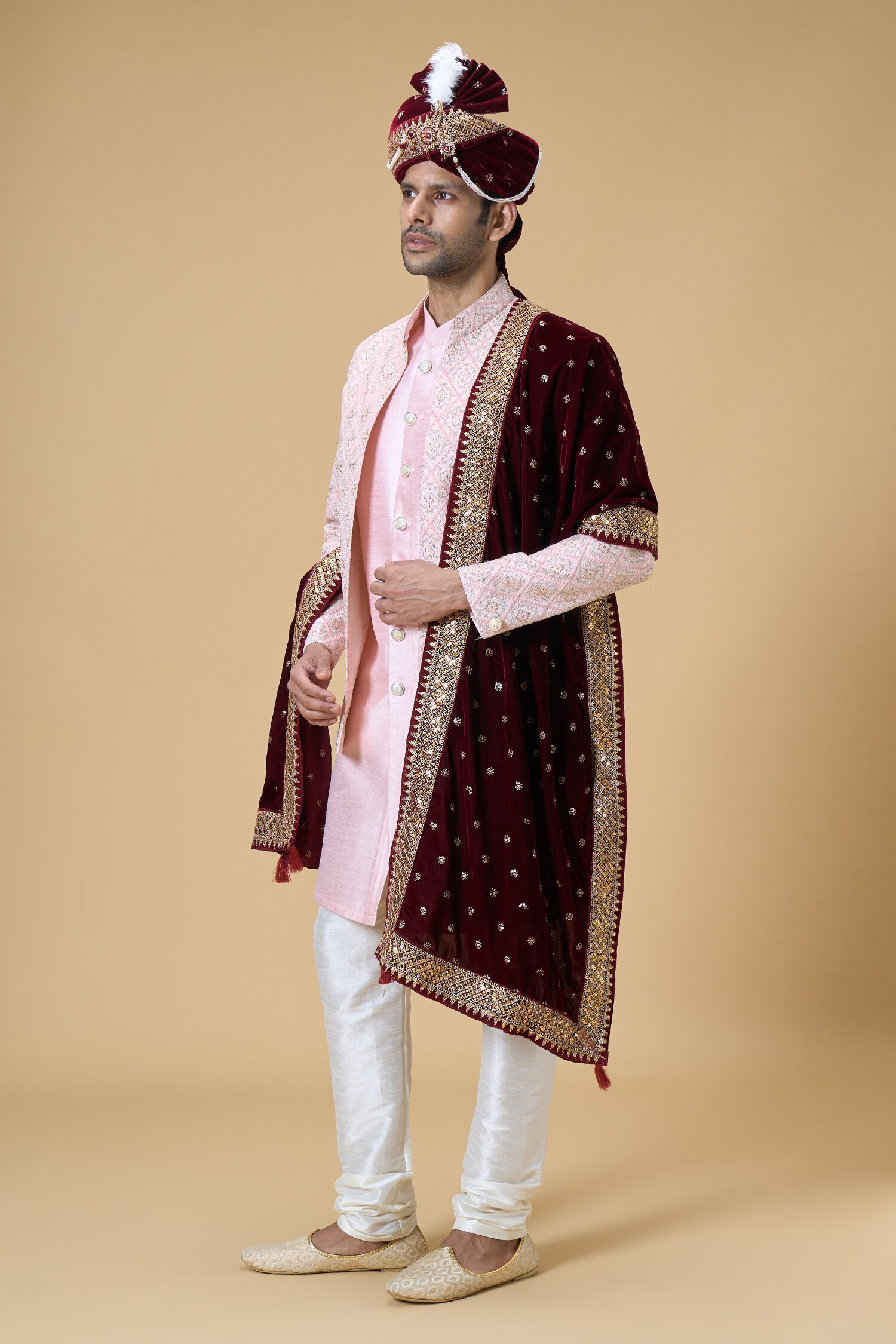 Buy Maroon Sequin Velvet Embroidered Dupatta And Safa Set For Men by ...