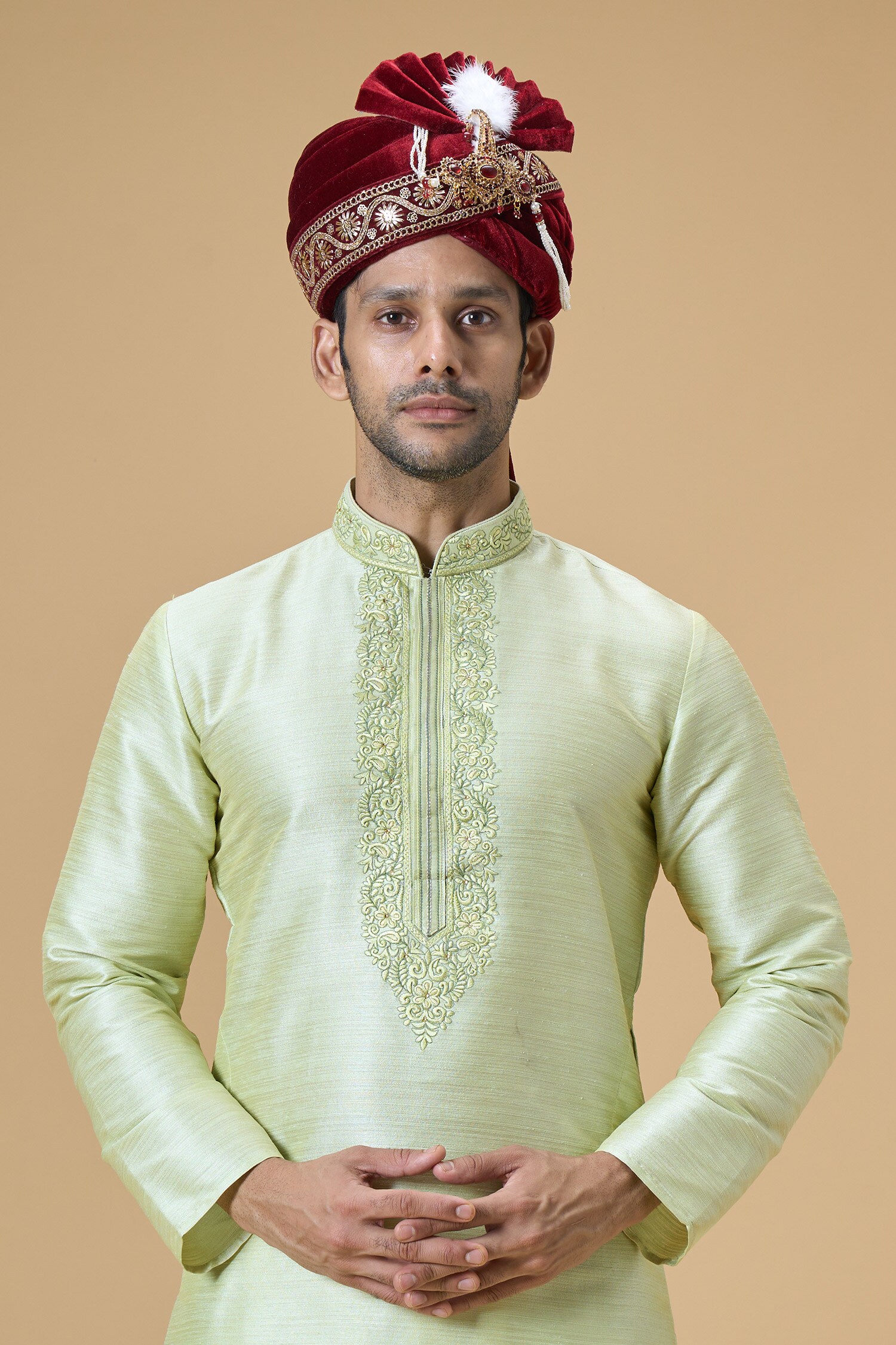 Buy Red Sequin Velvet Embroidered Border Safa For Men by Aryavir ...