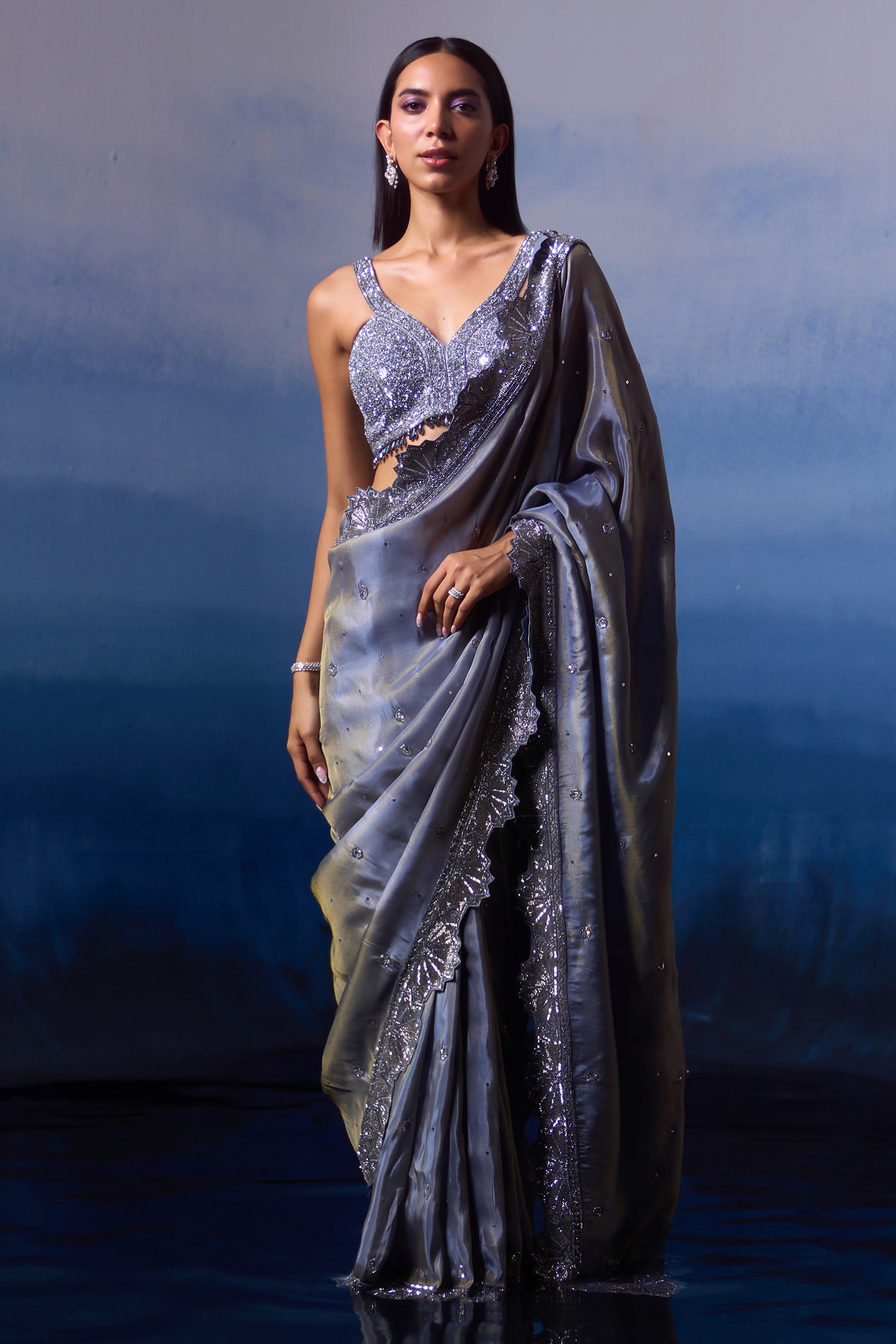 Buy Grey Tissue Embroidered Bugle Bead Leaf Cutwork Saree With Blouse ...