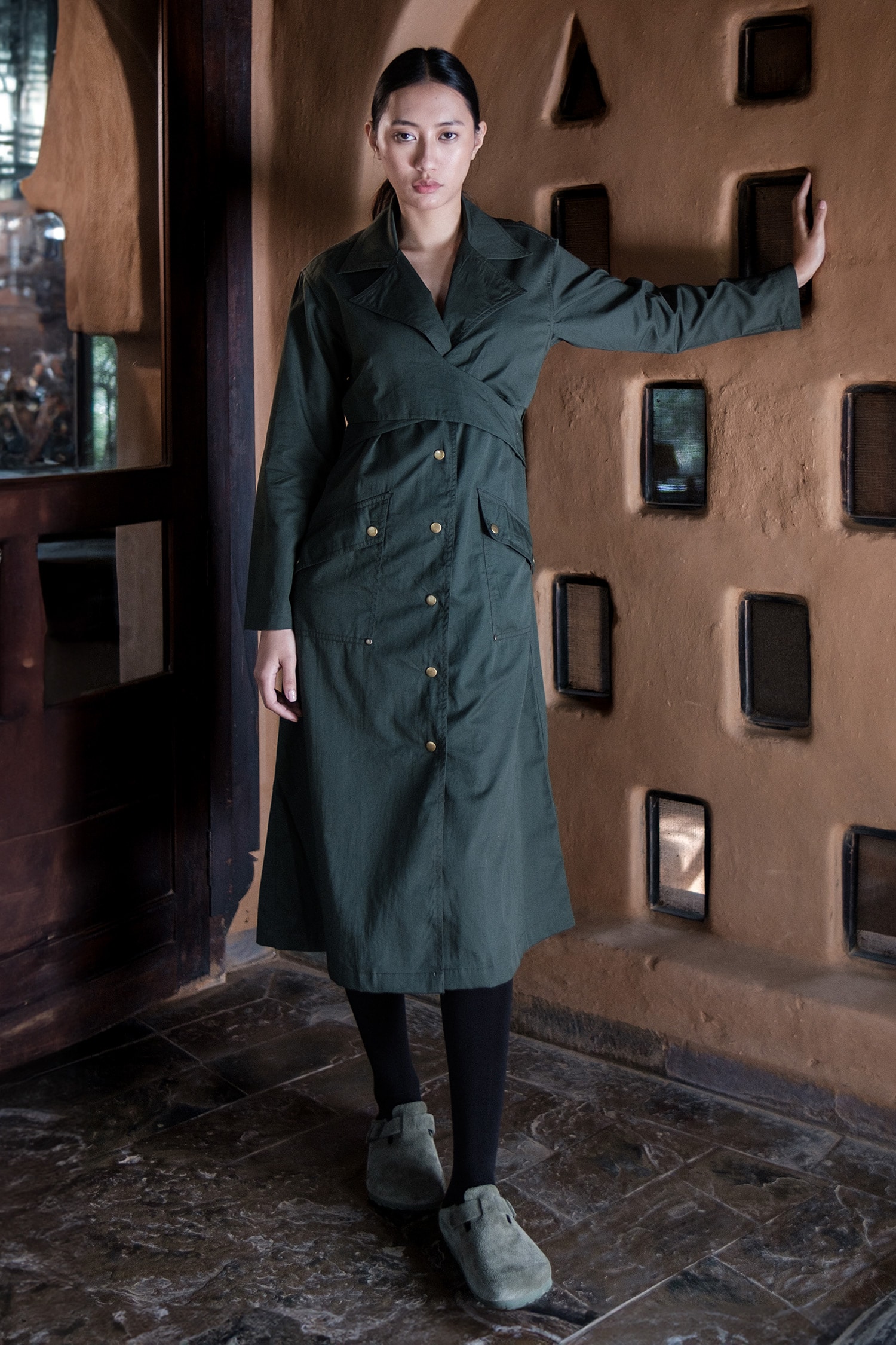 Buy Green Organic Cotton Solid Lapel Collar Trench Coat For Women by ...