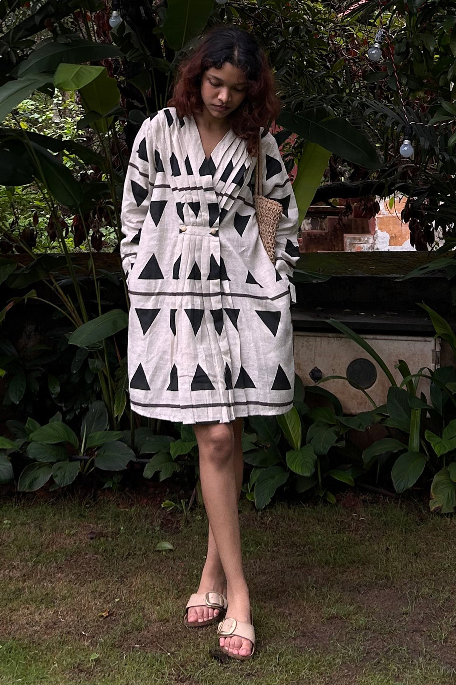 Buy Black Linen Printed Tribal V Neck Florence Dress For Women by The ...