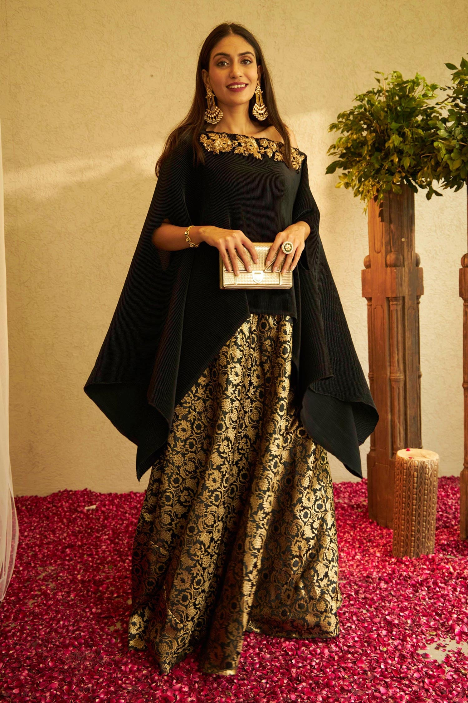 Buy Black Rich Pleated Embroidered Thread One-shoulder Cape And Ghagra ...