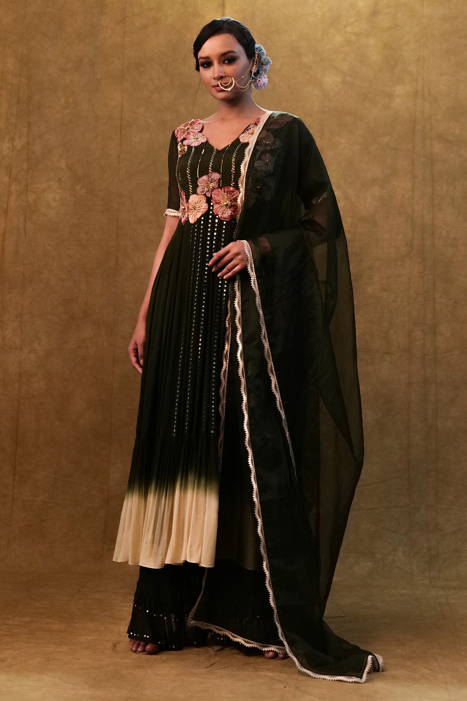 Buy Green Anarkali Georgette Embroidered Sequin V Floral Applique Work ...