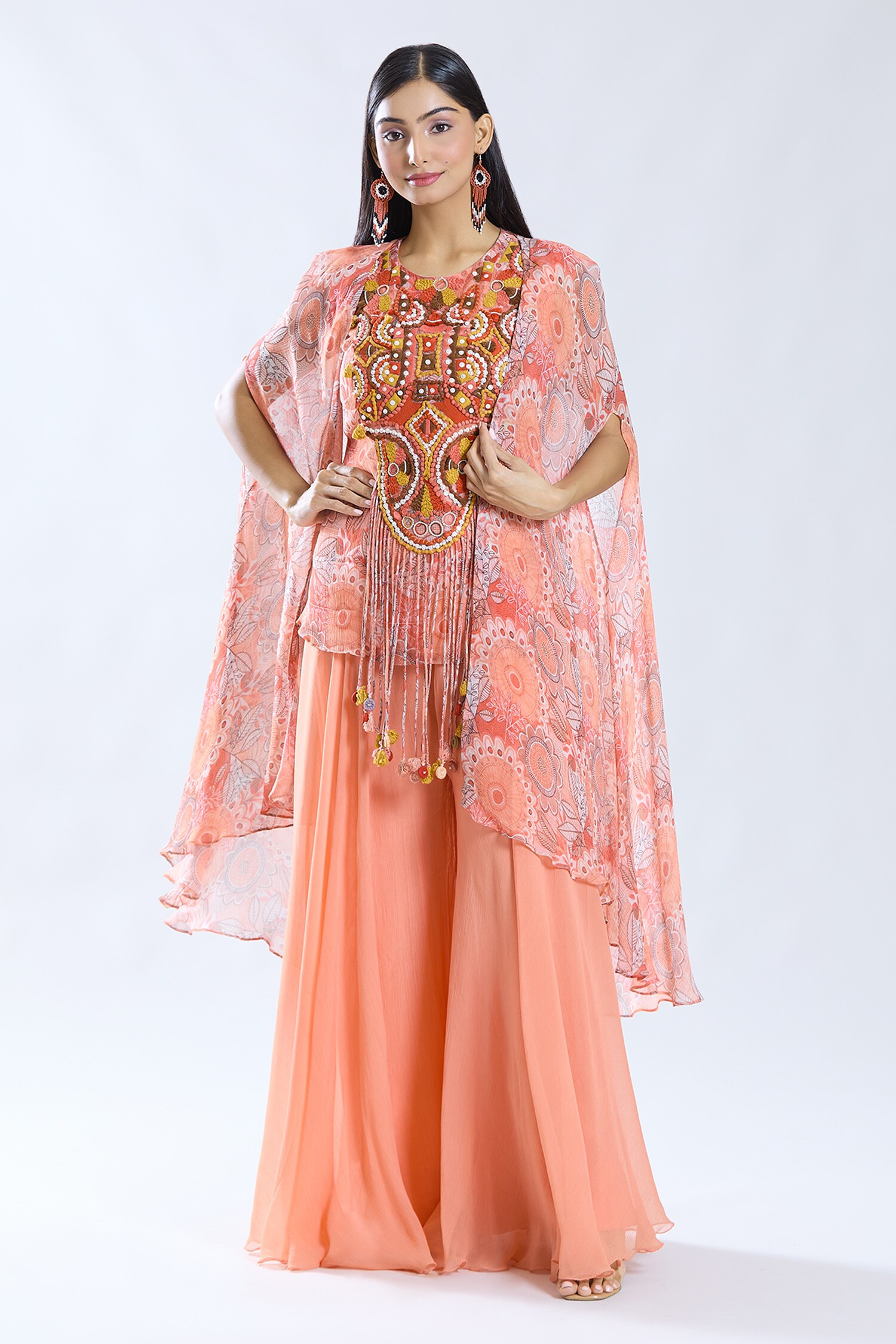 Buy Peach Chiffon Embroidered Thread Round Asymmetric Cape Kurta Set ...