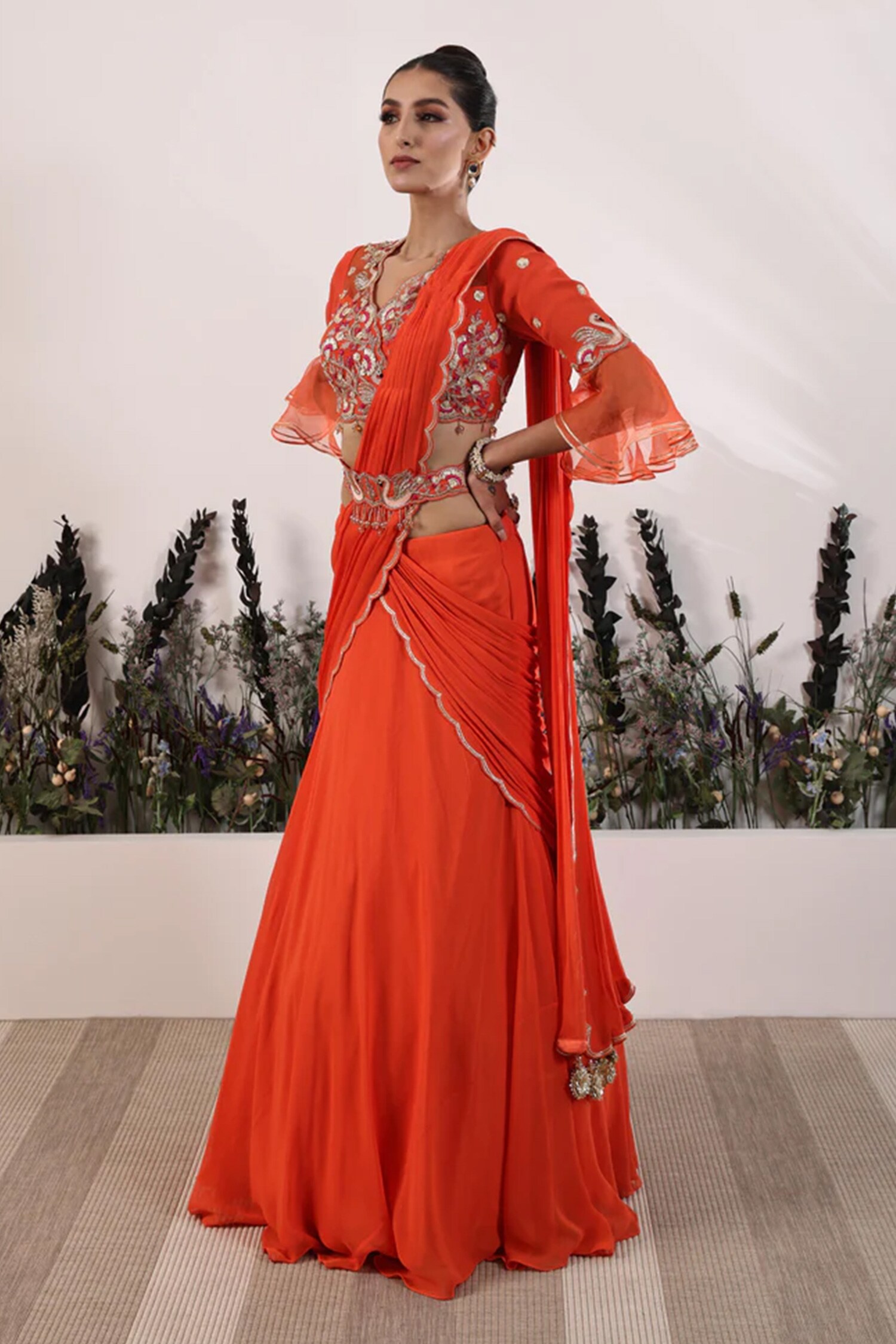 Buy Orange Georgette Embroidered Swan V Saffron Sunset Pre-draped Saree ...