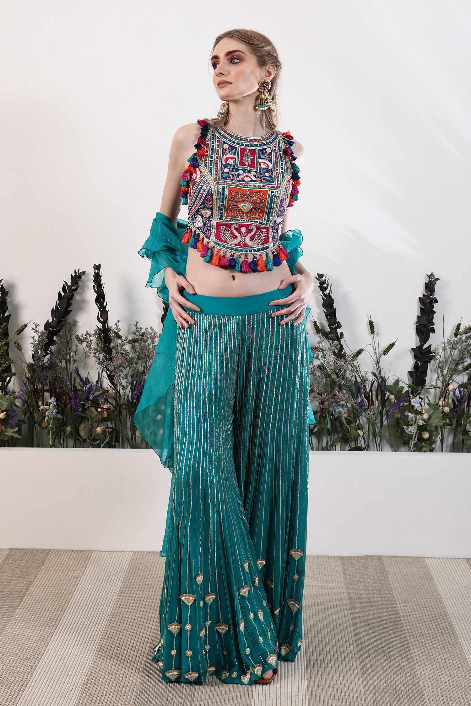 Buy Green Silk Embroidered Swan Round Rainbow Rhapsody Tunic Palazzo ...