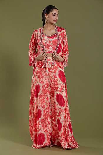 Buy Coral Crepe Silk Embellished Tie Dye Jacket Open Flared Pant Set ...