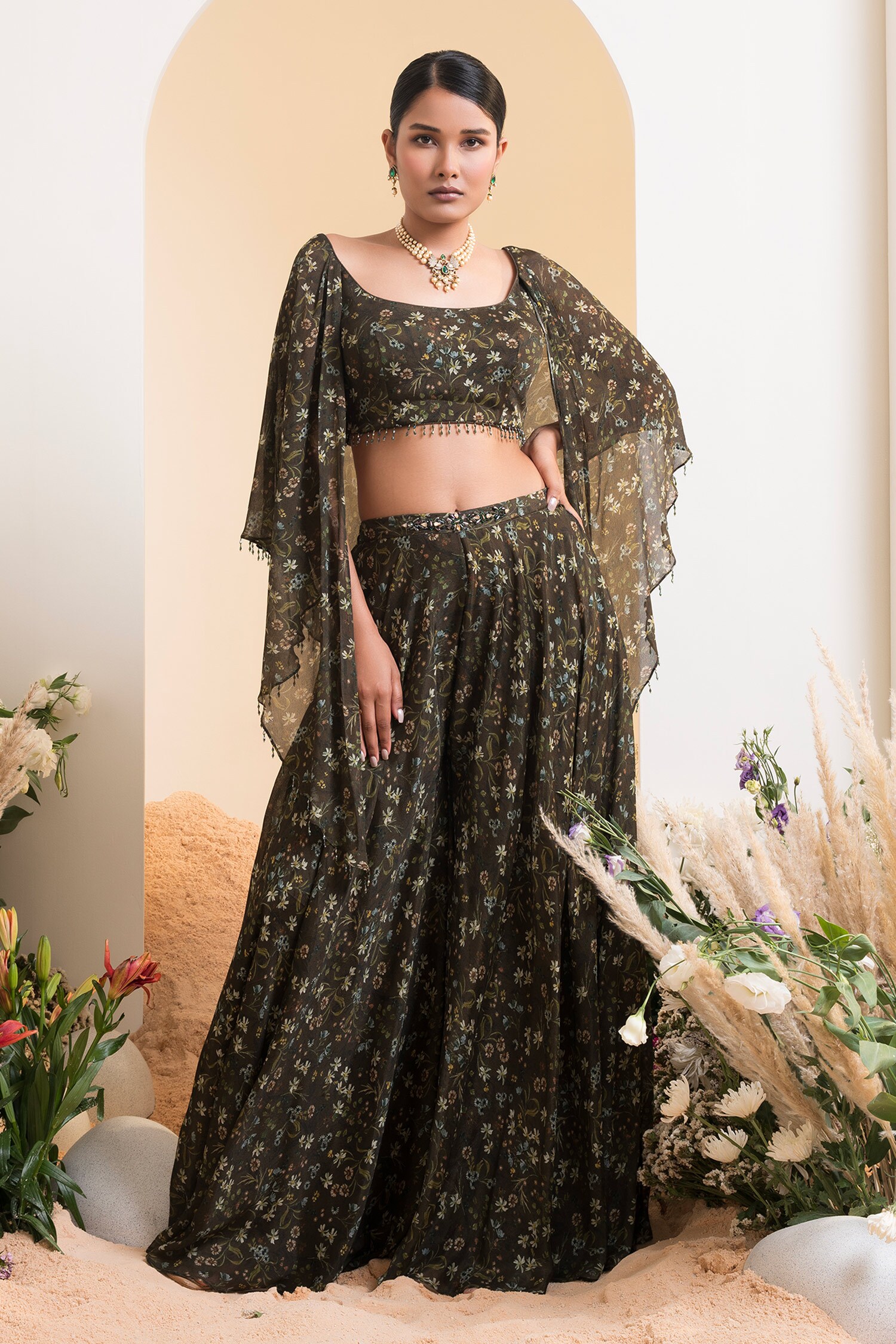 Buy Green Chiffon Printed Floral Round Cape Sleeve Blouse With Sharara ...