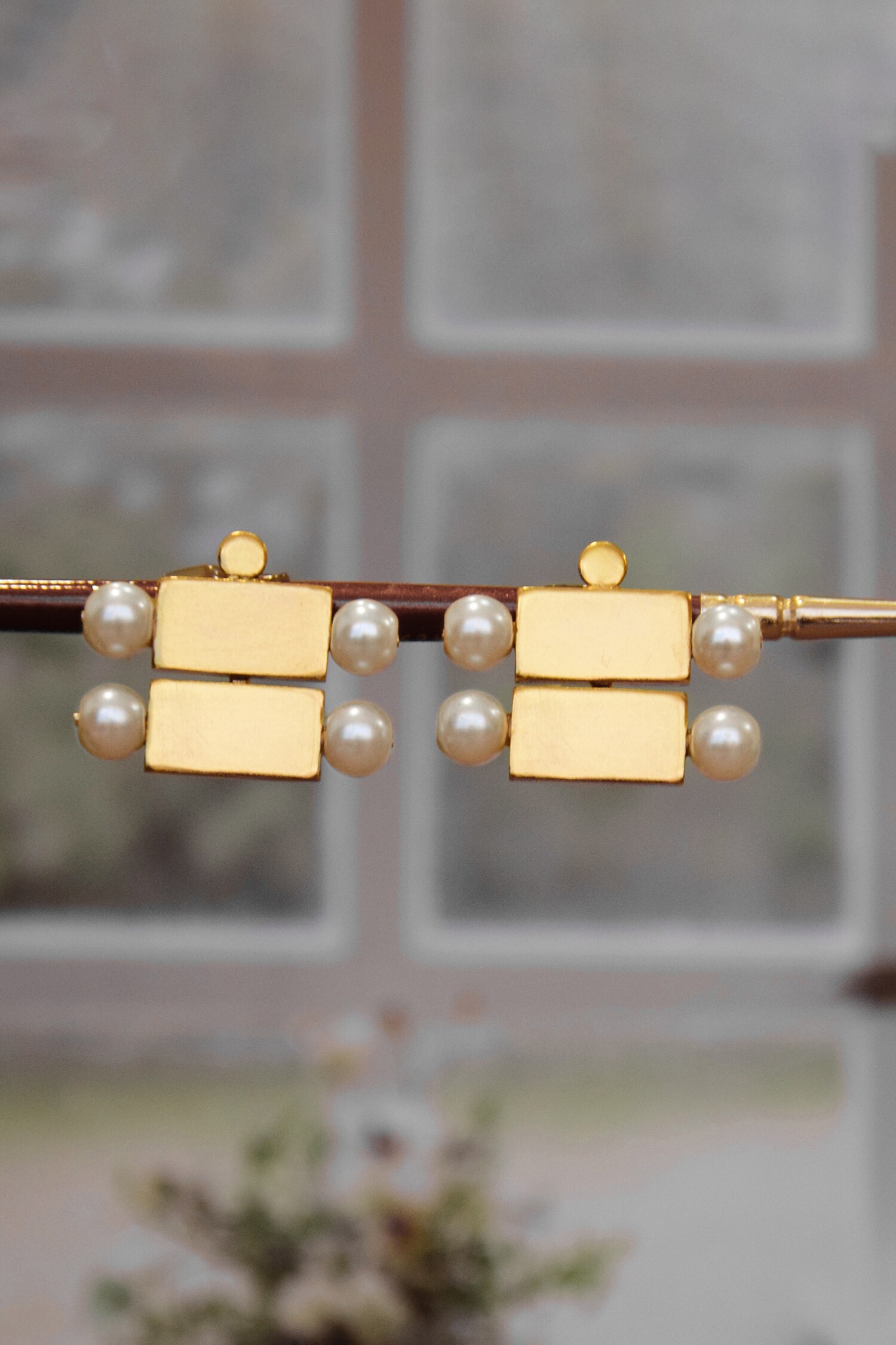 Buy Gold Plated Acrylic Brick And Pearl Stacked Duo Stud Earrings by ...