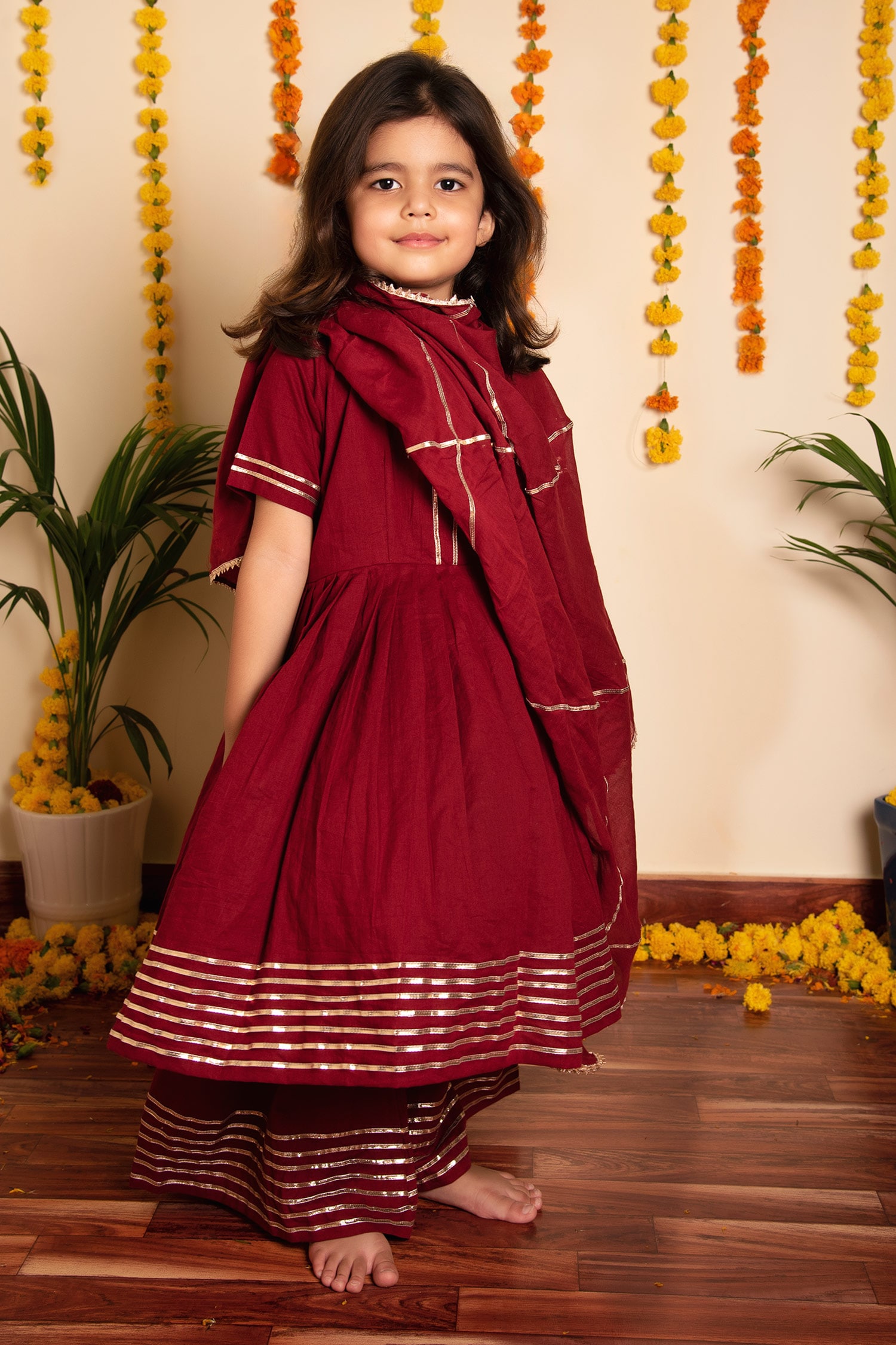 Buy Maroon Cotton Hand Embroidered Gotta Bachpan Anarkali Pant Set For Girls by POMCHA JAIPUR ...