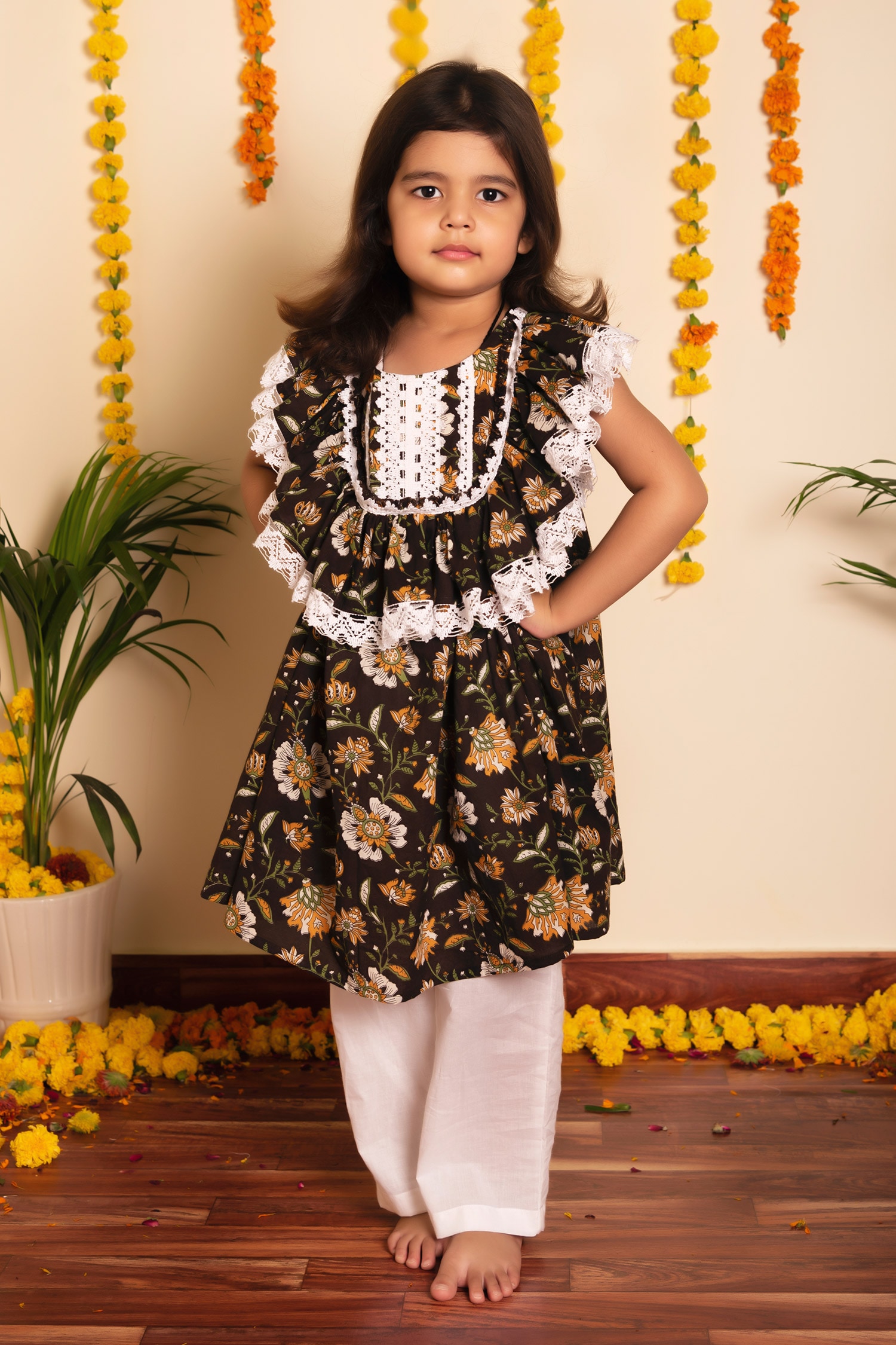 Buy Brown Cotton Hand Block Printed Floral Bachpan Roop Rang Anarkali ...